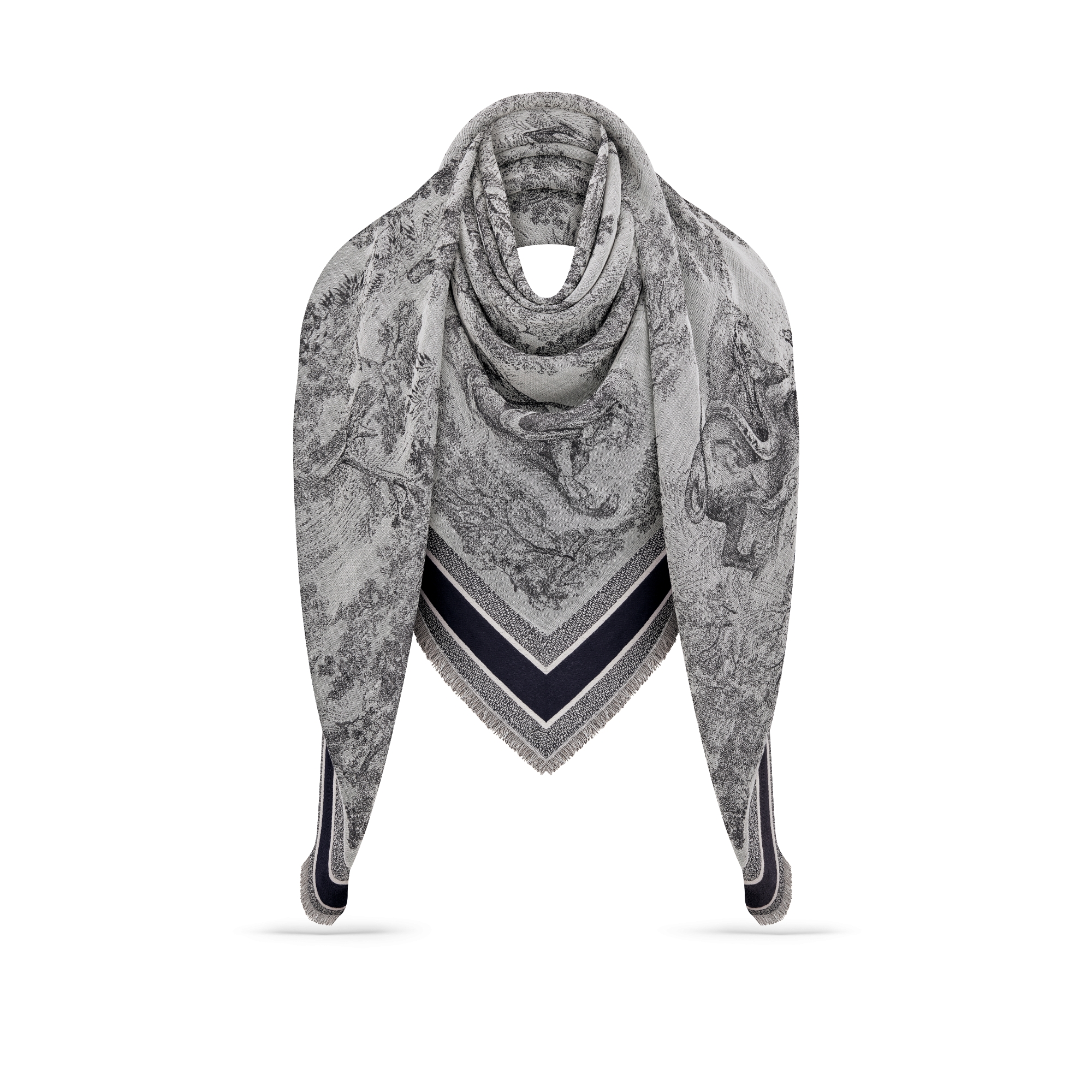 Toile de Jouy Shawl Ivory and Blue Wool, Silk and Cotton | DIOR