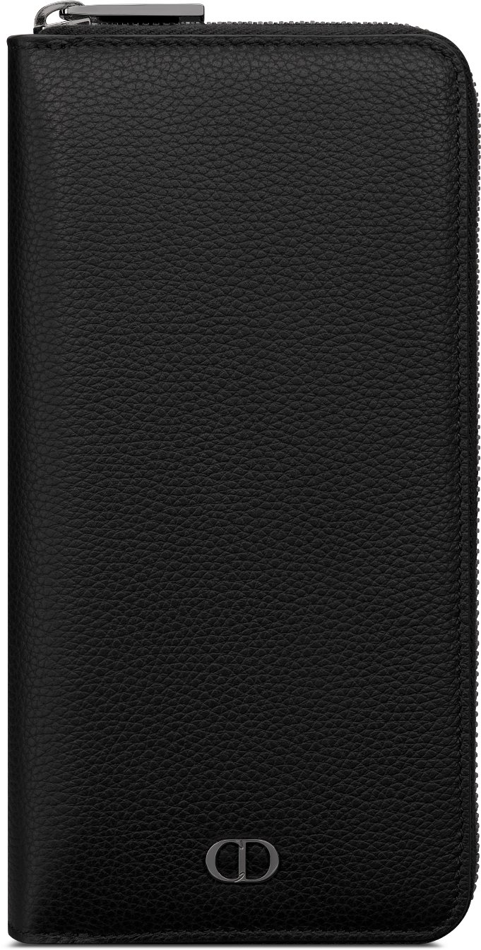 Cartera vertical larga con cremallera Piel de becerro graneada negra ...