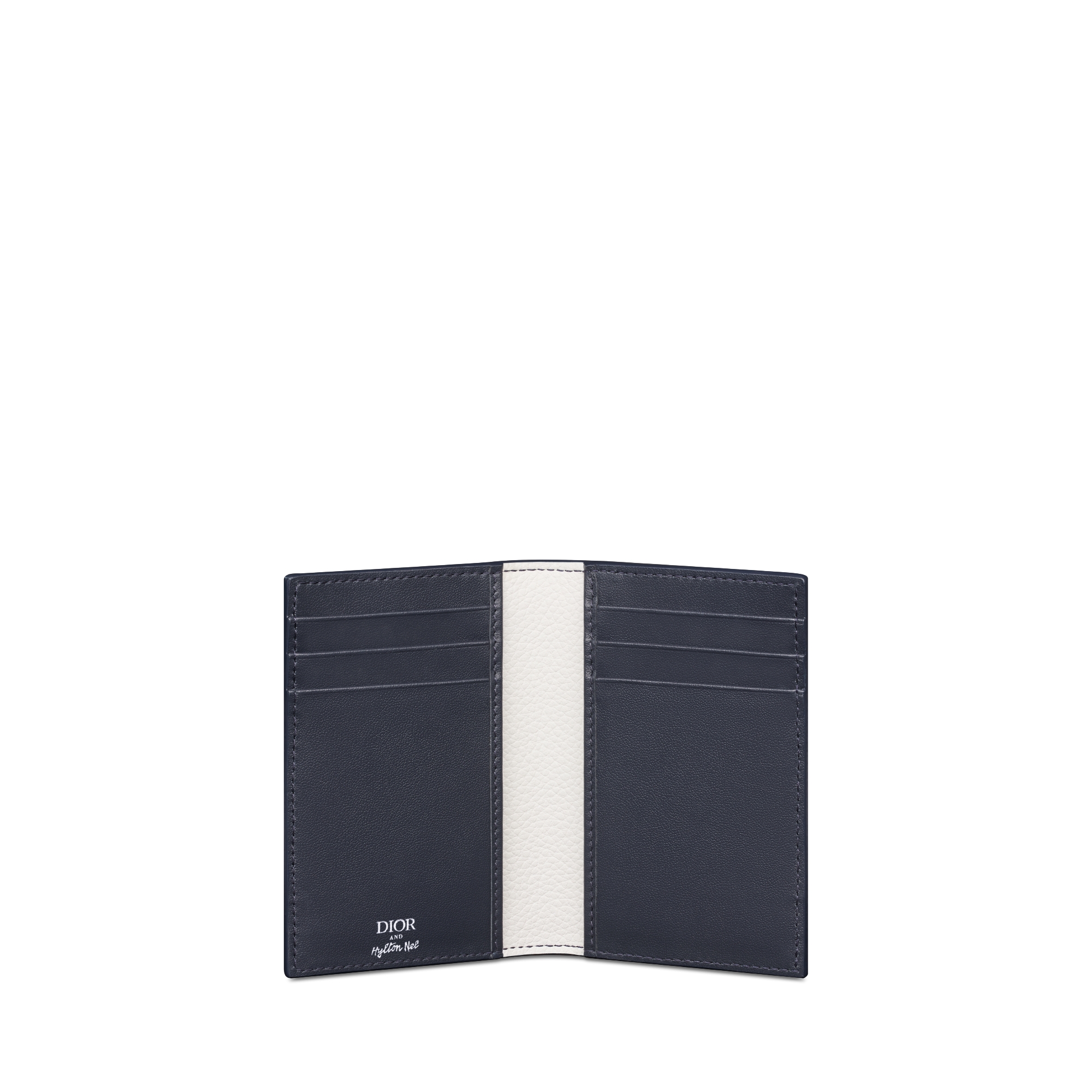 DIOR AND HYLTON NEL Vertical Bifold Card Holder Navy Blue Grained Calfskin with White Print | DIOR