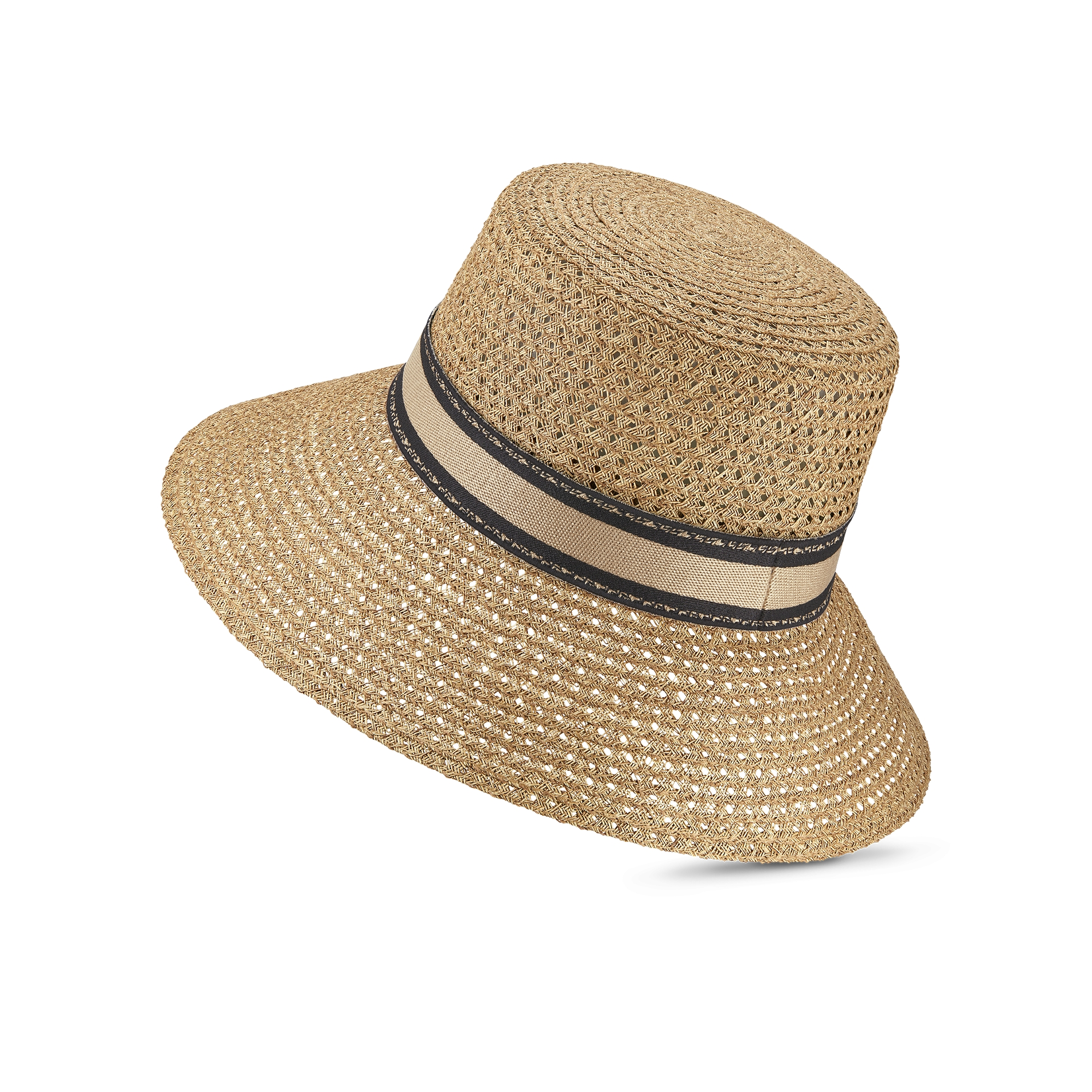 Cappello D-Bobby a tesa larga Paglia con fascia ricamata beige e nera ...