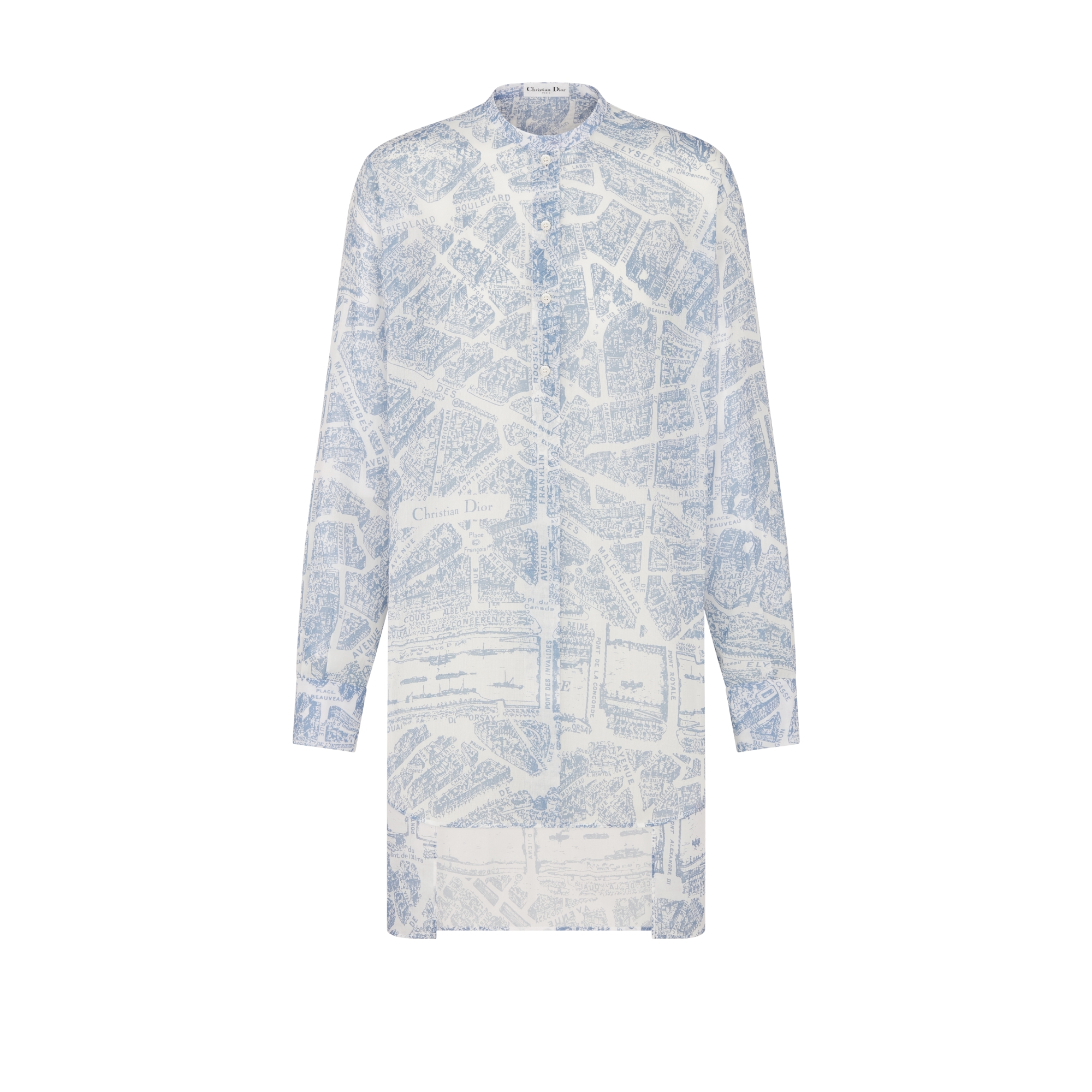 Lange Tunika Baumwollvoile in Weiß und Chambrayblau mit Plan de Paris ...