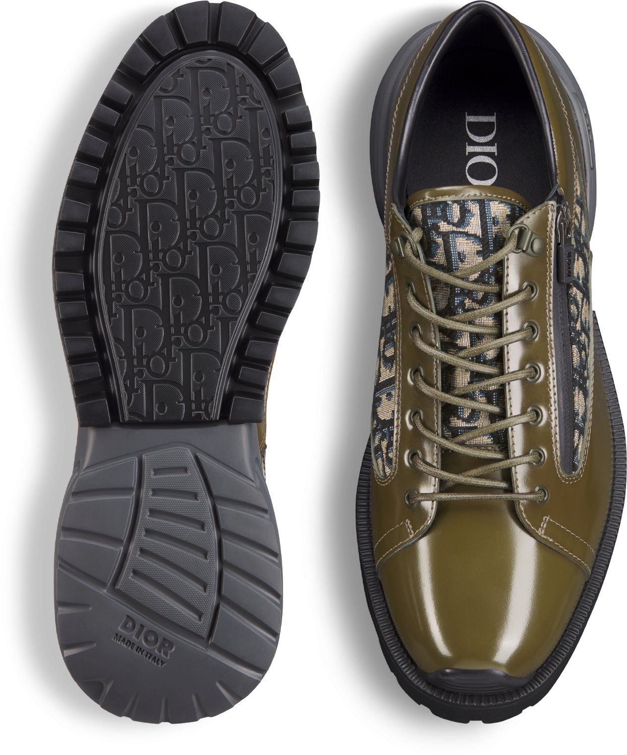 Derby Dior Combat Cuir de veau poli kaki et toile jacquard Dior Oblique ...