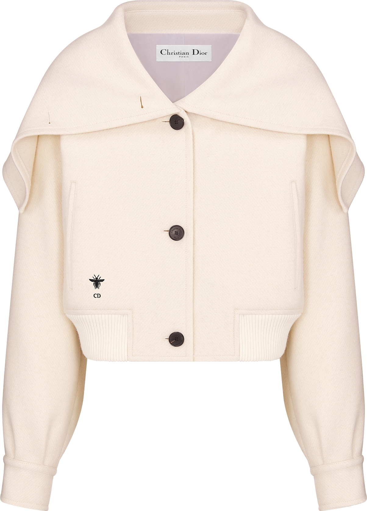 Bomber Jacket with Oversized Collar Ecru Wool Blend with Black Miss ...