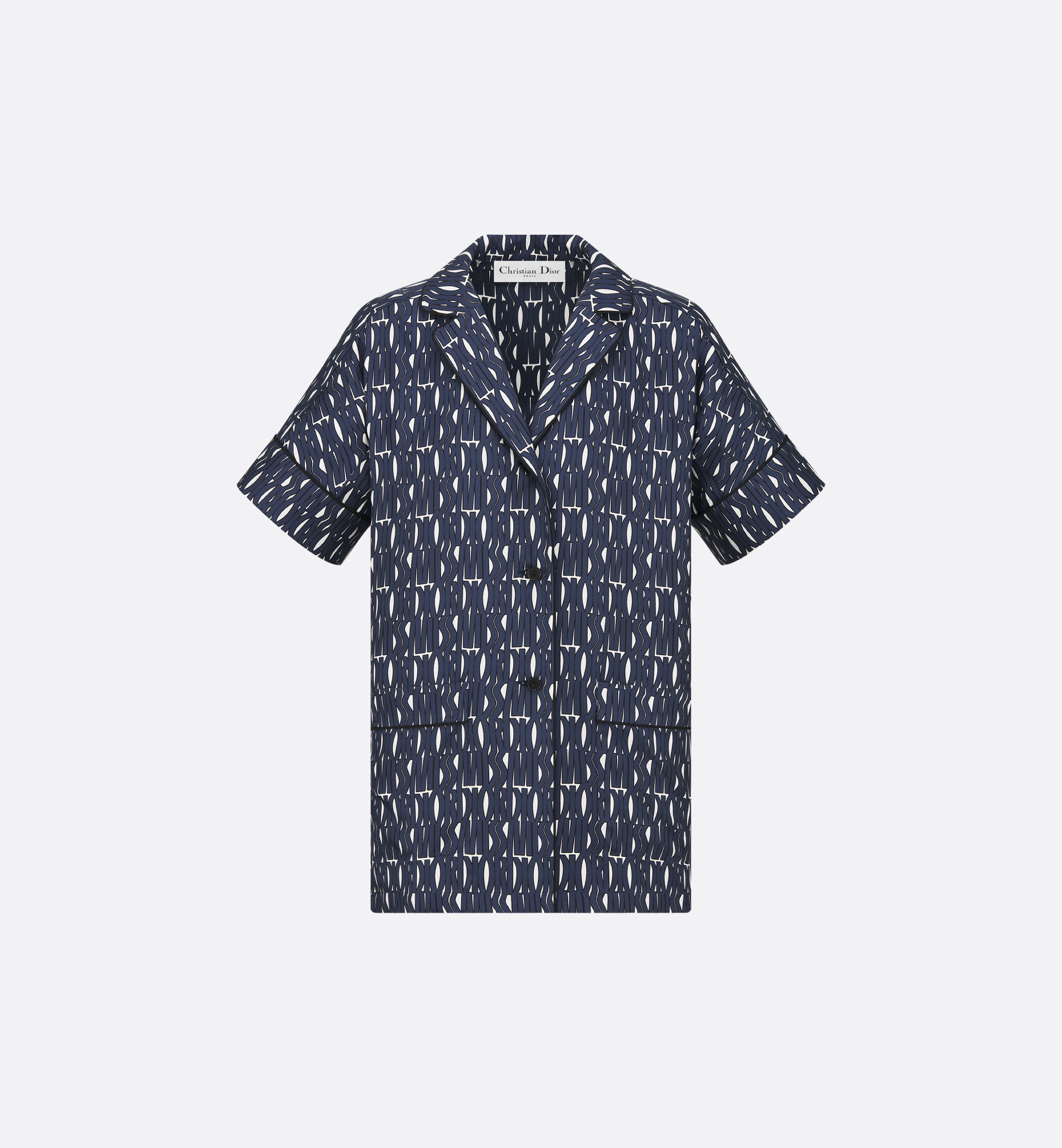 Short-Sleeved Belted Shirt White Silk Twill with Navy Blue Short-Sleeved Belted Shirt White Silk Twill with Navy Blue