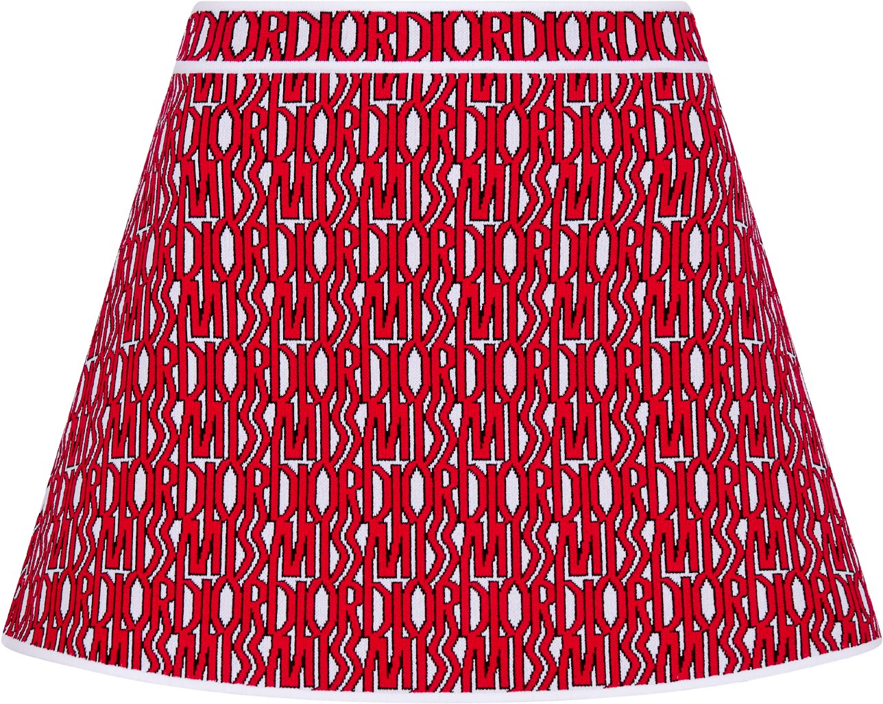 Flared Miniskirt White Technical Knit with Red Miss Dior Allover Motif ...