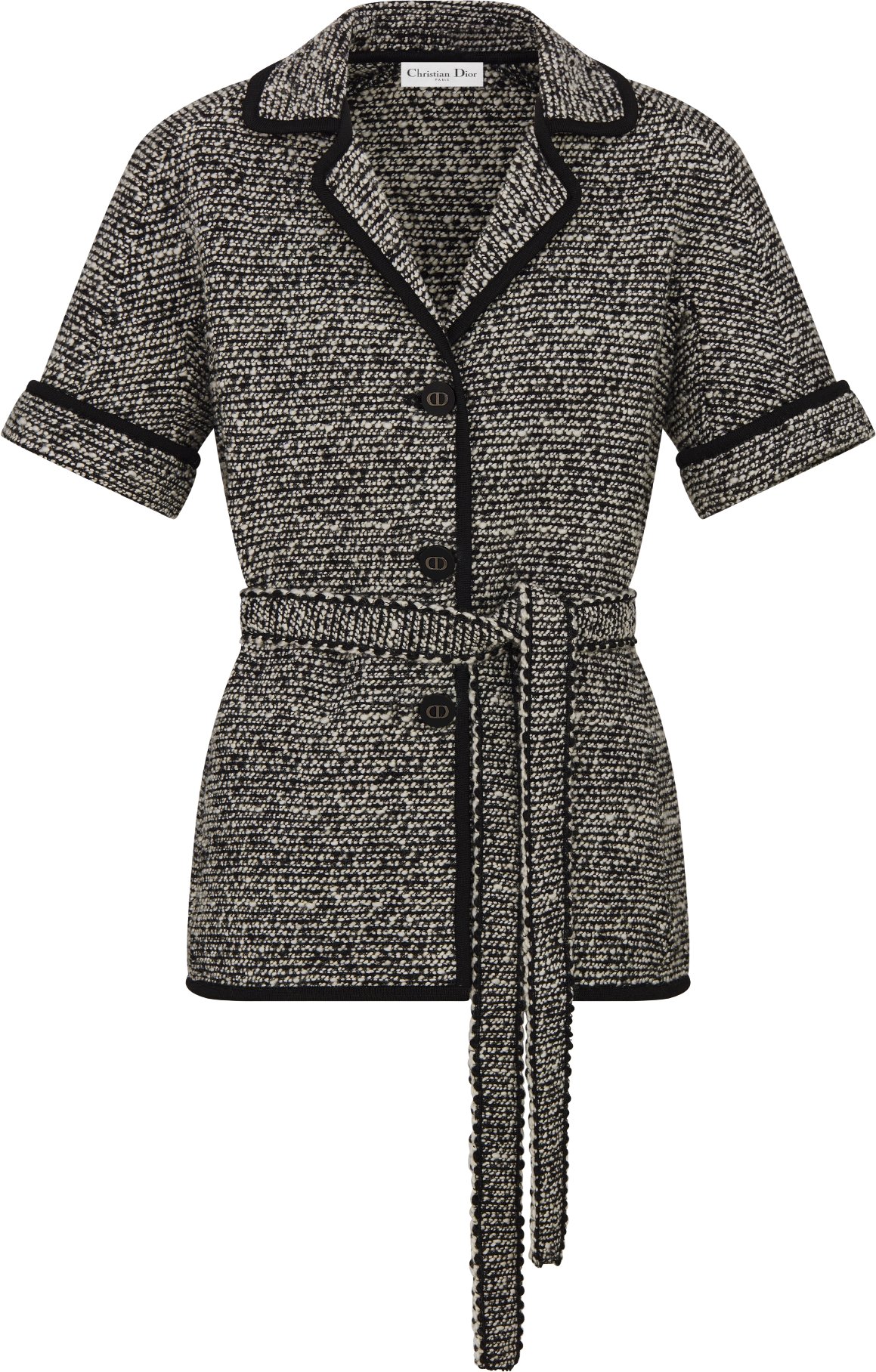 Short-Sleeved Belted Jacket Black Wool-Blend Heathered Textured Knit | DIOR
