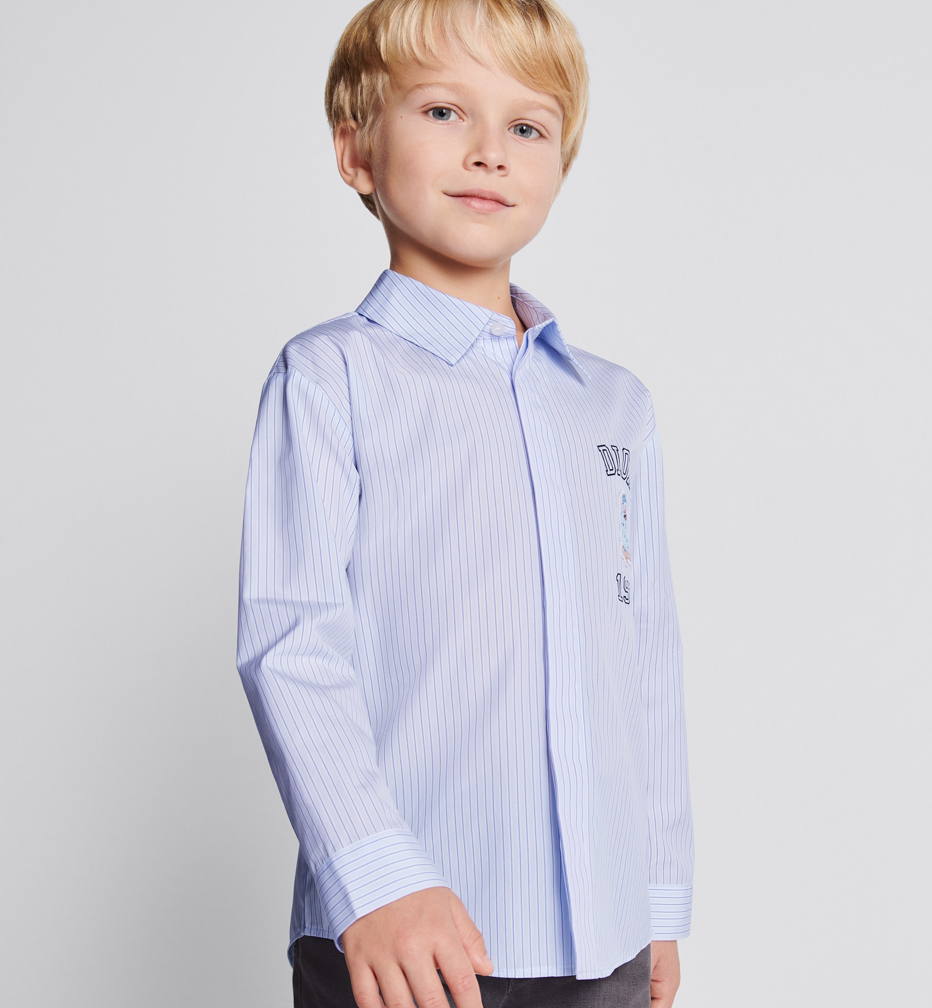 Kids' Bobby Shirt White Cotton Poplin with Blue Stripes | DIOR