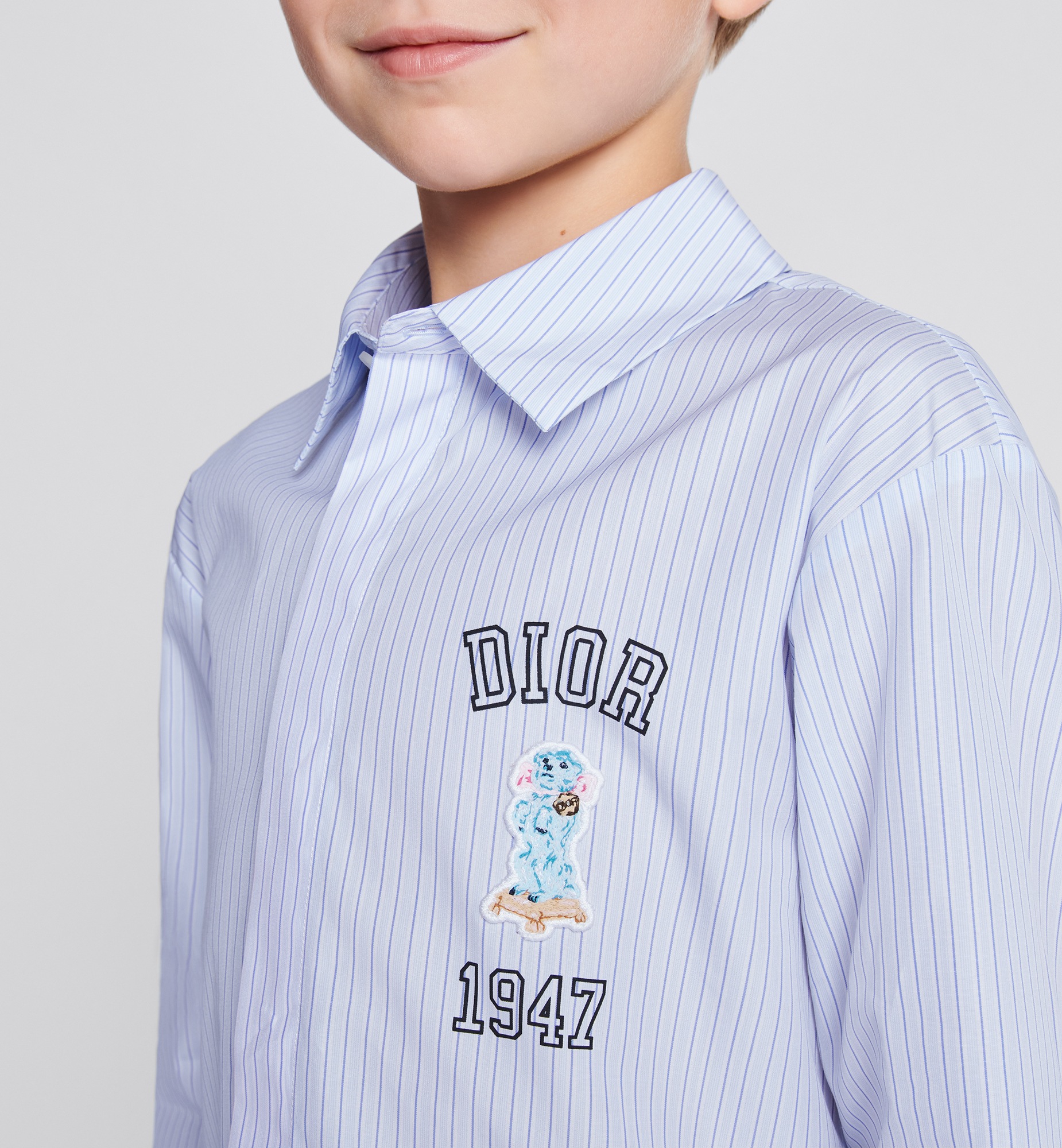 Kids' Bobby Shirt White Cotton Poplin with Blue Stripes | DIOR