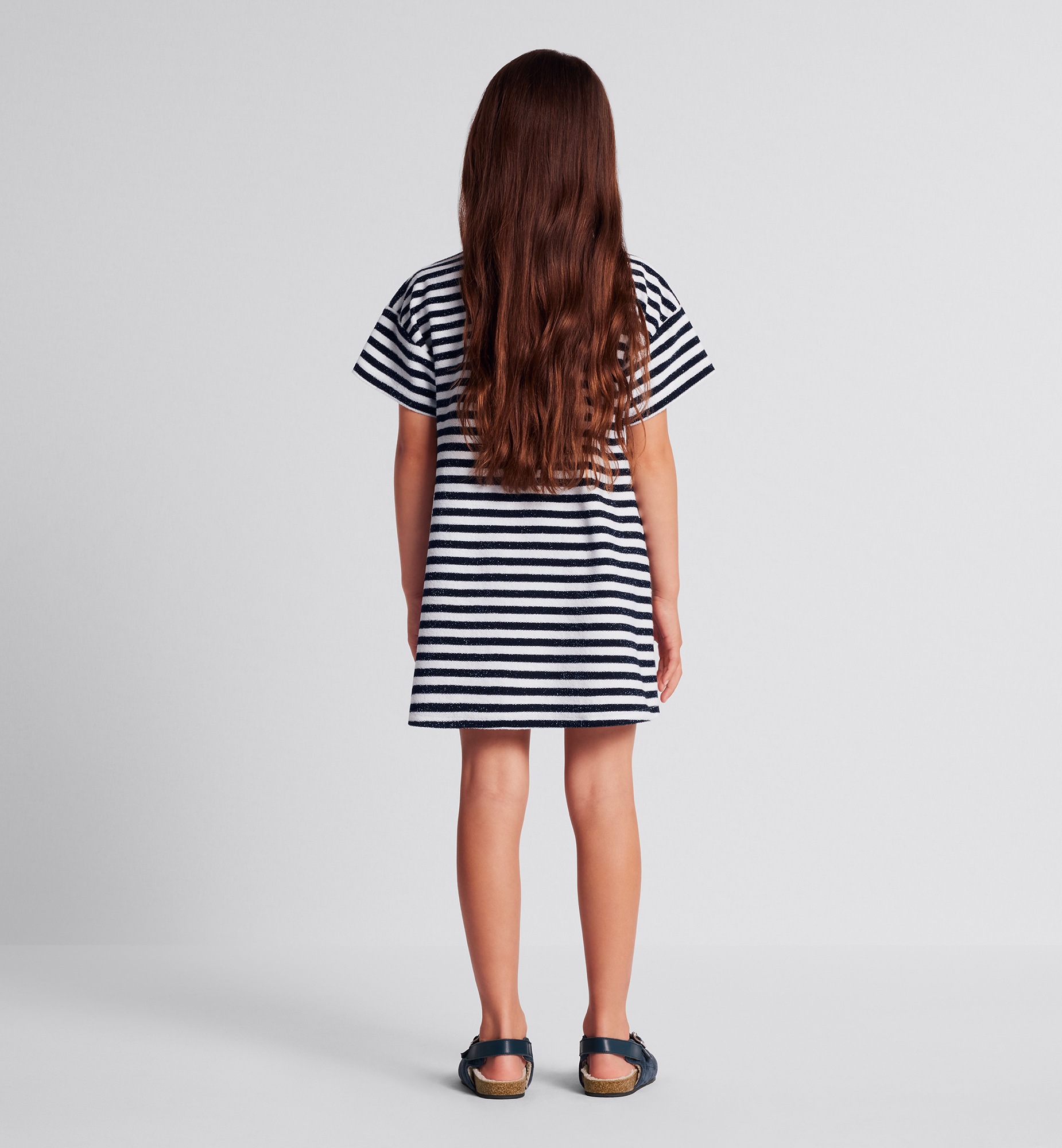 Kids' A-Line Dress Ivory Cotton Jersey with Metallic Navy Blue Stripes ...
