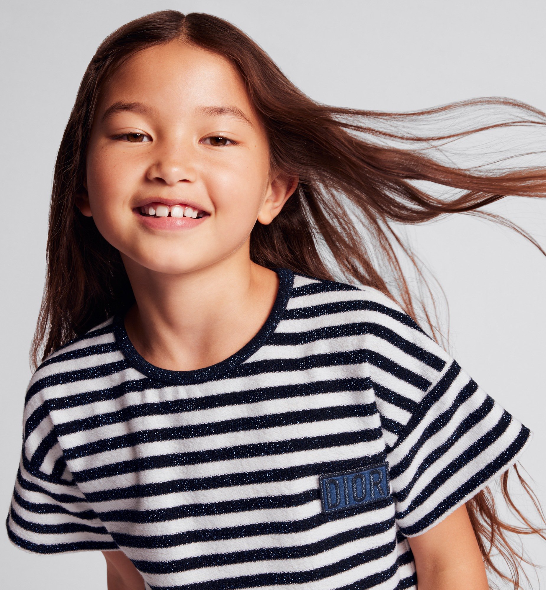 Kids' A-Line Dress Ivory Cotton Jersey with Metallic Navy Blue Stripes ...