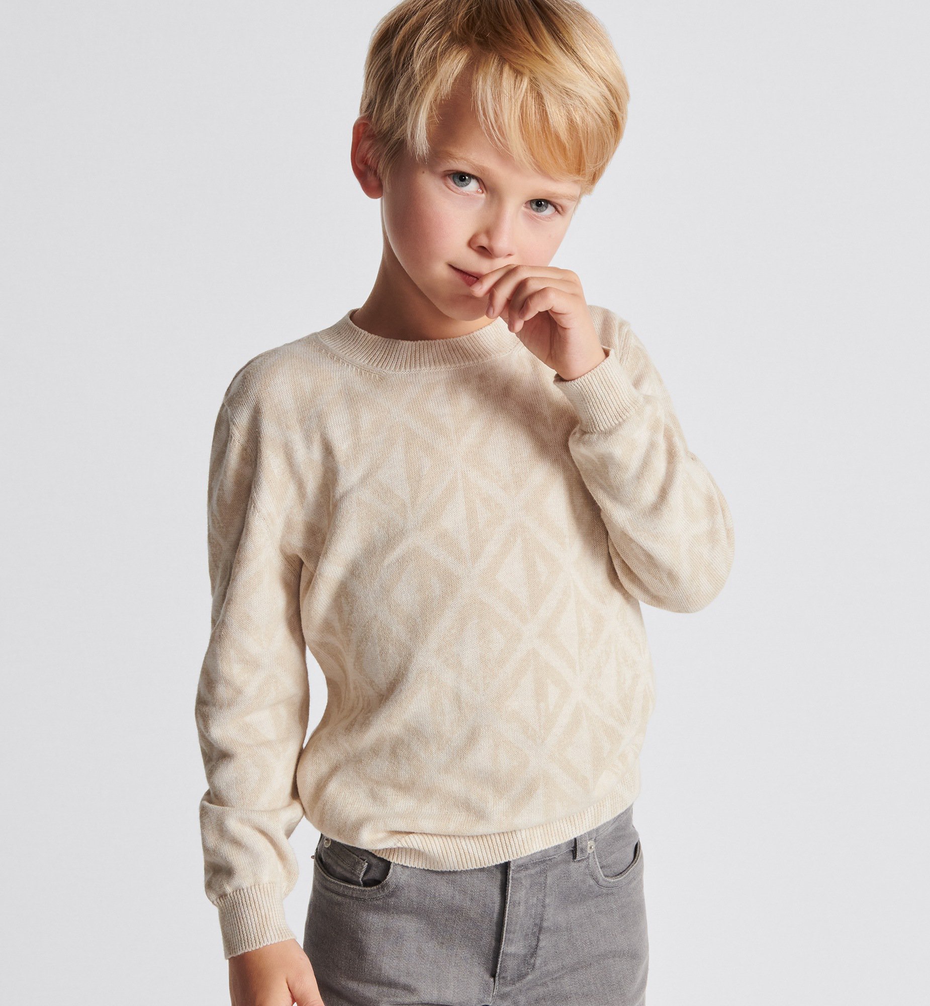 Kids' Sweater Ecru Cotton Knit with Beige CD Diamond Print | DIOR
