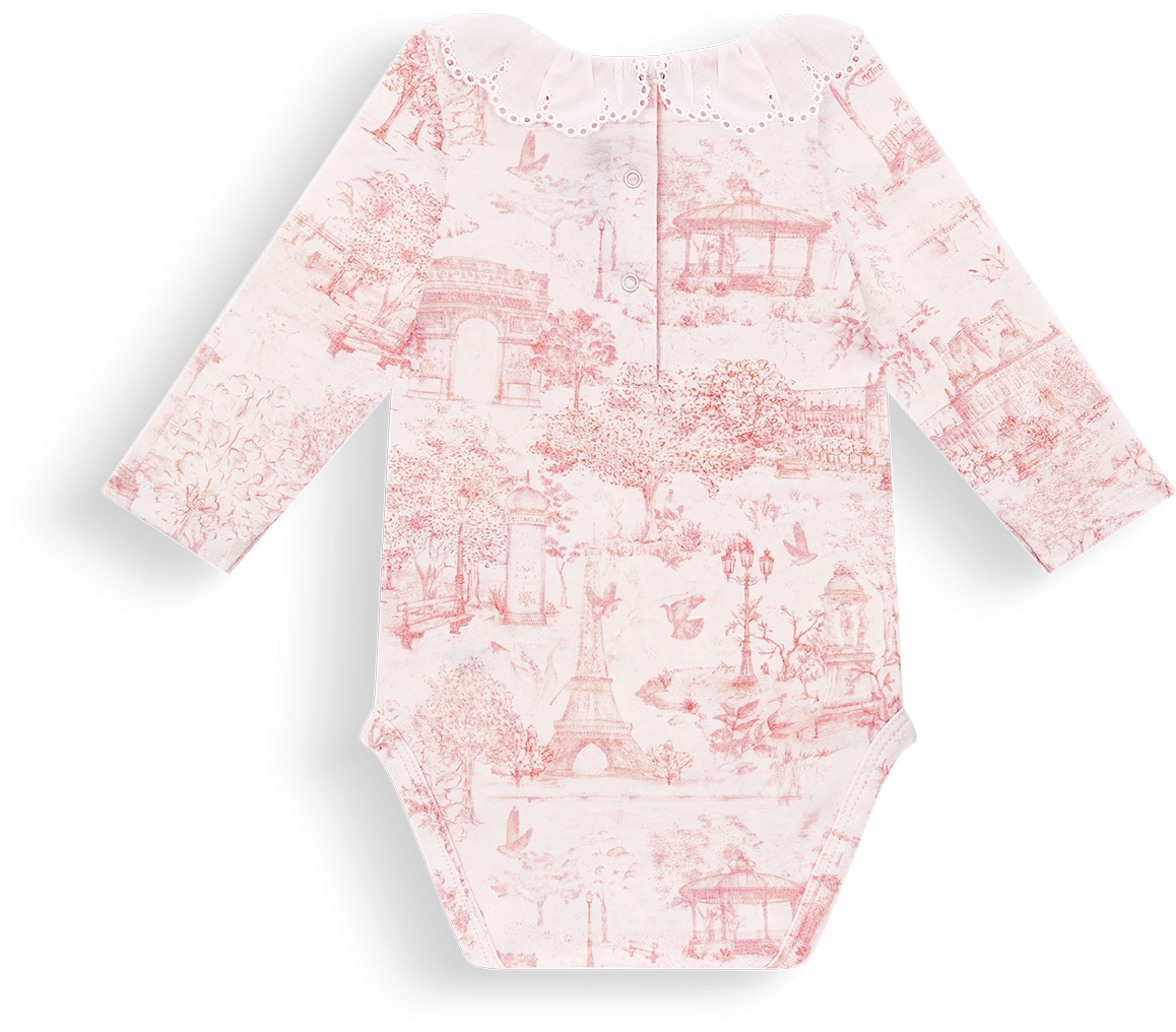 Gift Set with Two Long-Sleeved Bodysuits Ivory Cotton Jersey with Pale Pink Toile de Jouy Paris ...