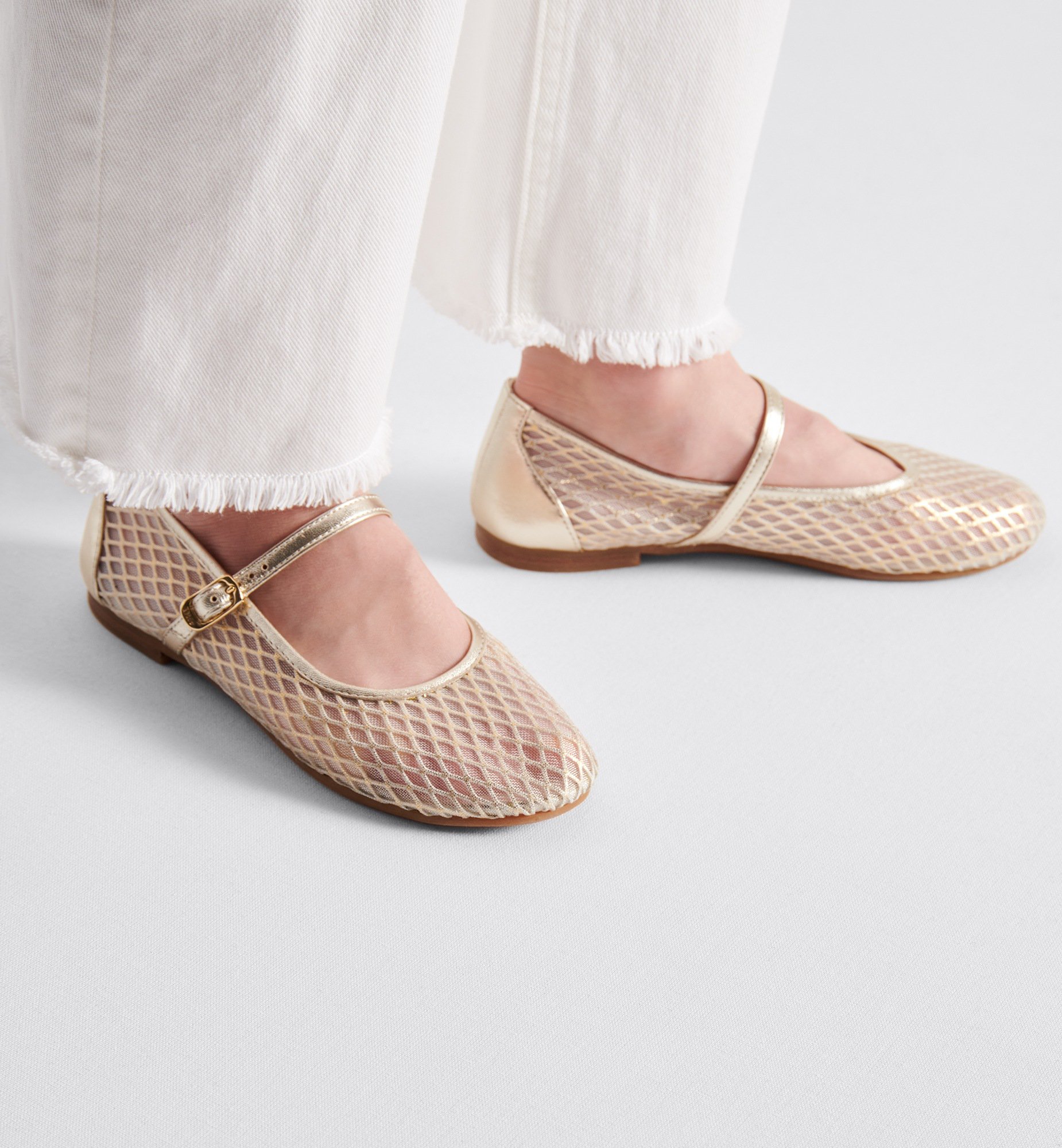 Kids' Ballet Flat Gold-Tone Smooth Lambskin and Ivory Tulle | DIOR