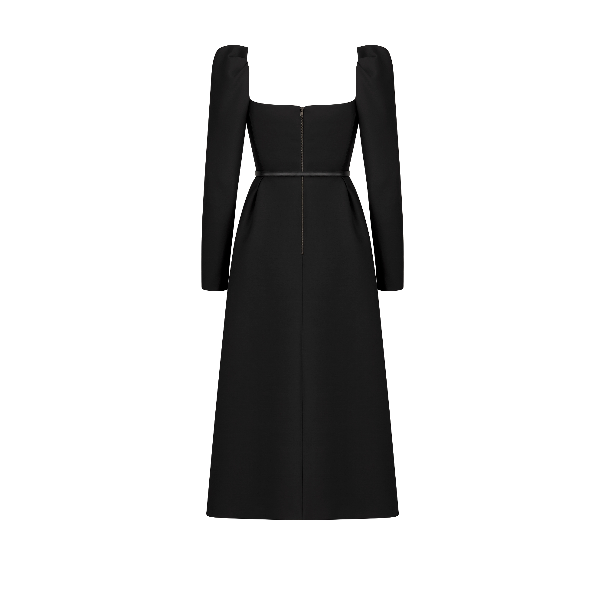 Robe mi-longue ceinturée Shantung de laine et soie noires | DIOR