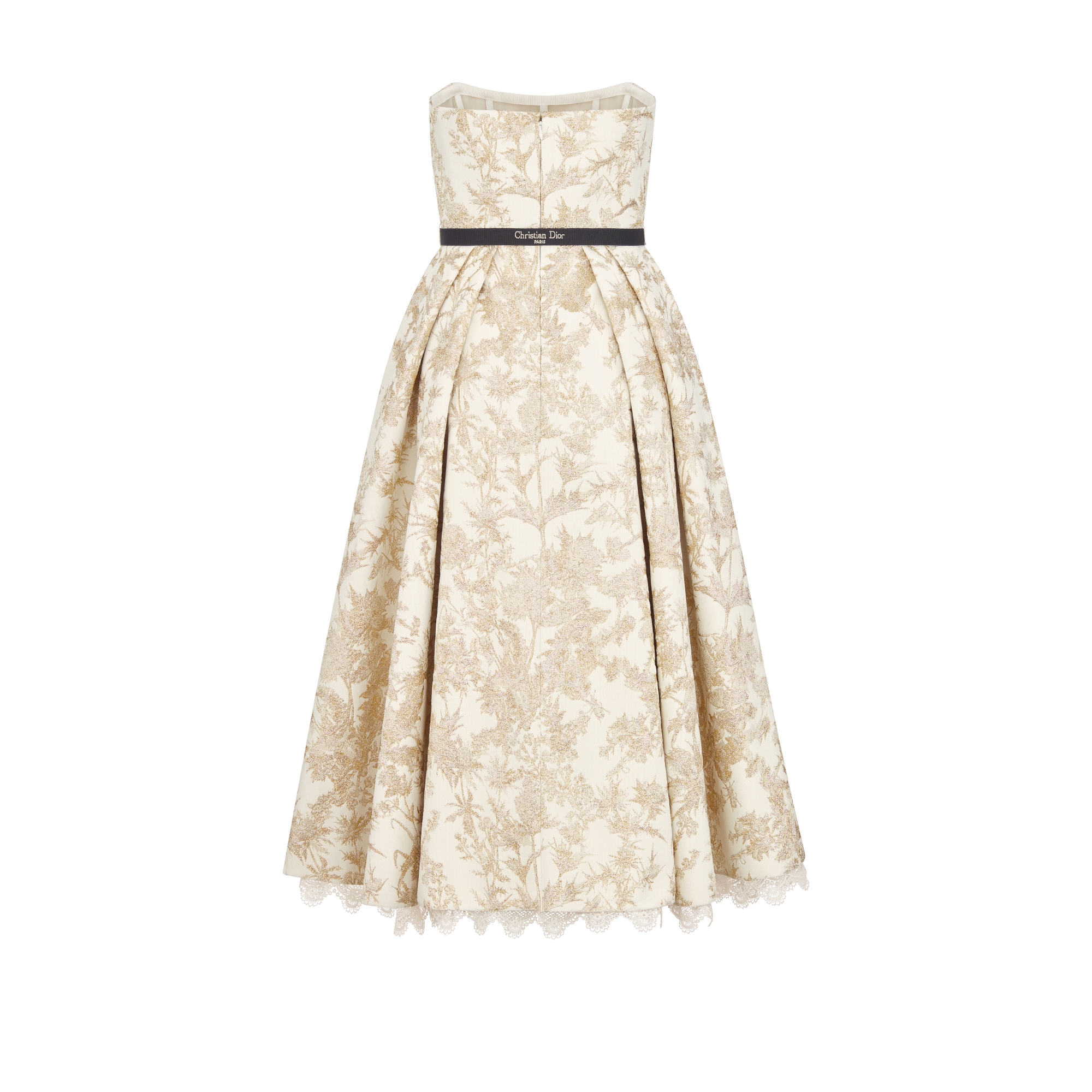 Belted Mid-Length Bustier Dress White Technical Fabric with Gold-Tone Dior Chardons Motif in ...