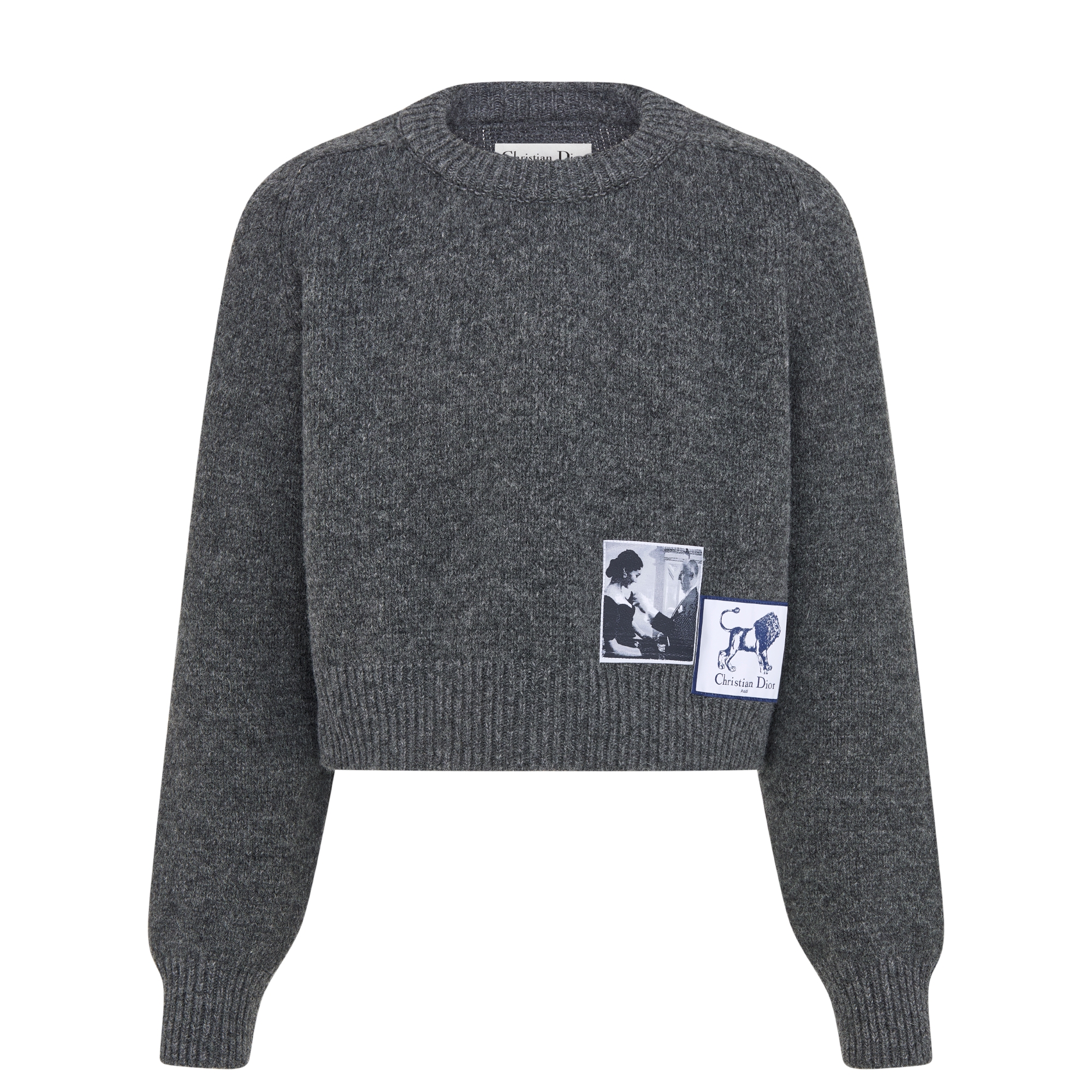 Cropped Sweater Gray Wool and Cashmere Knit with Lion and Monsieur Dior ...