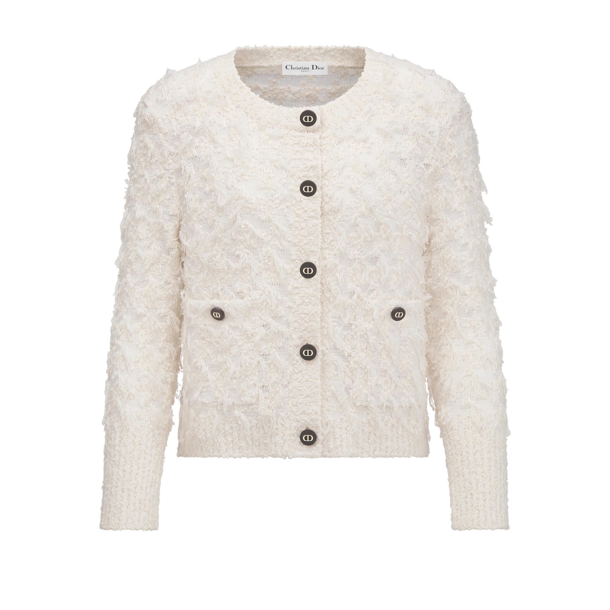 Twinset Ecru Blended Wool and Cotton Bouclé Knit with Houndstooth Motif ...