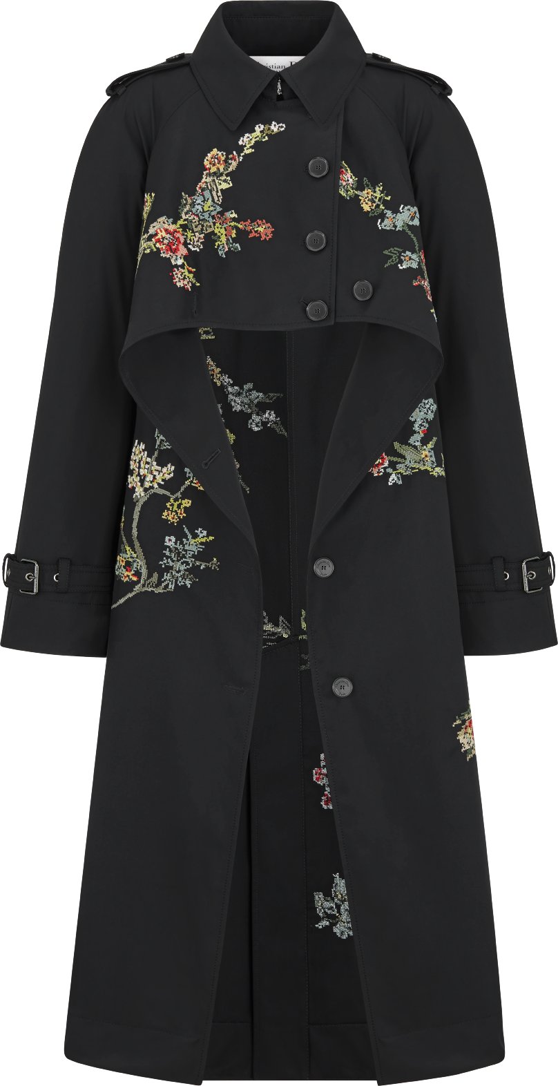 Embroidered Trench Coat Black Cotton Gabardine with Multicolor ...