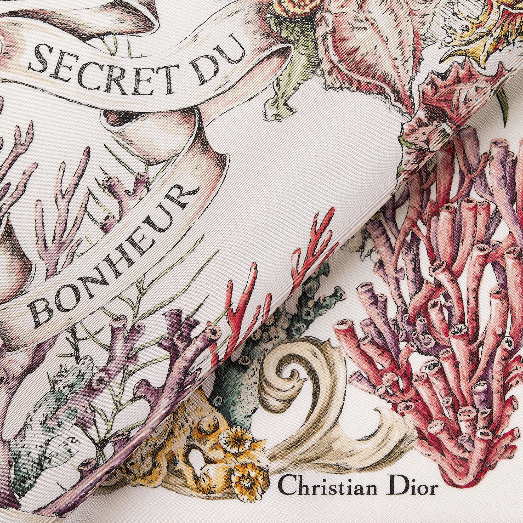 Dior Cabinet de la Mer 90 Square Scarf Ivory and Pink Multicolor Silk ...