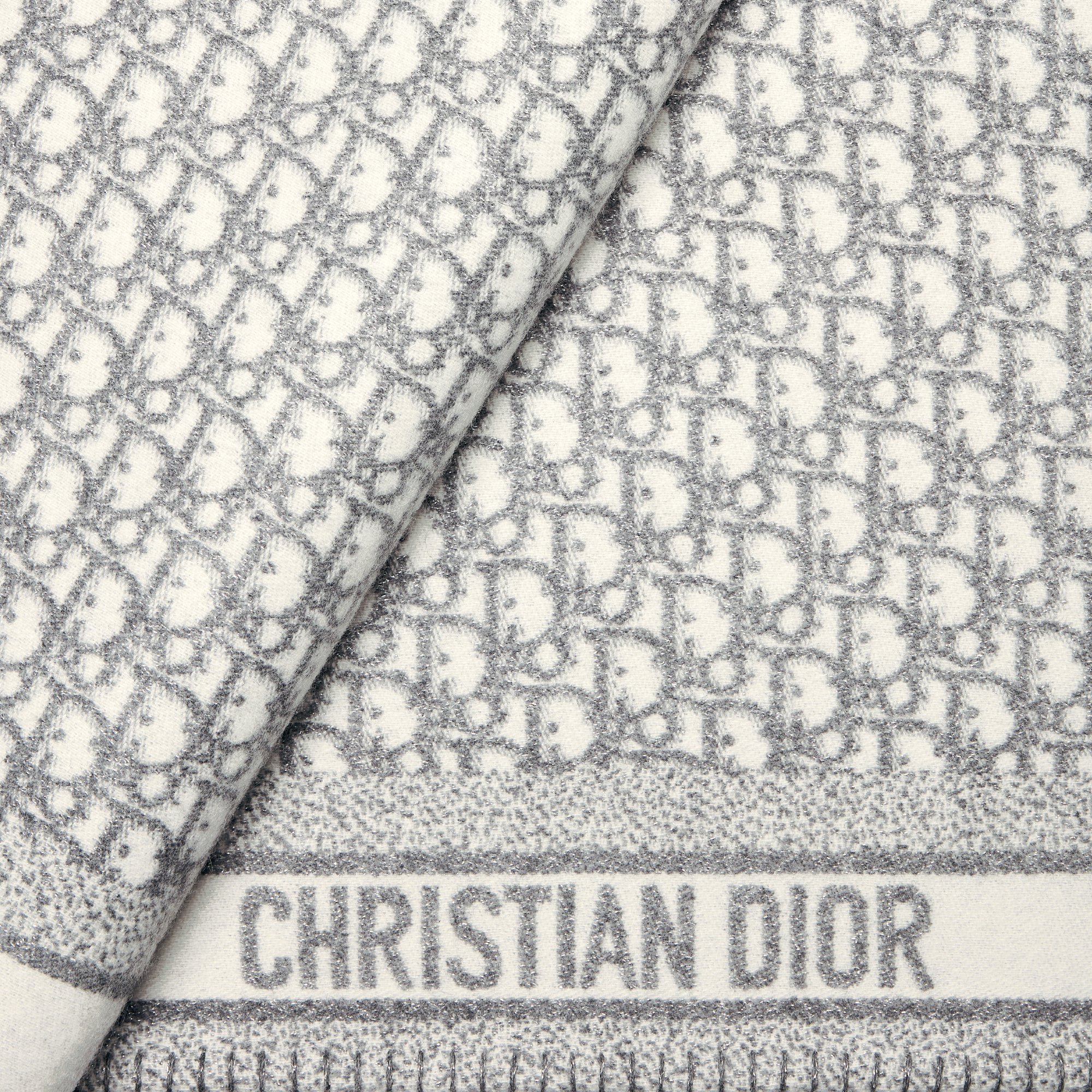 Plaid Dior Oblique Cachemire mélangé blanc et fils métallisés argentés ...