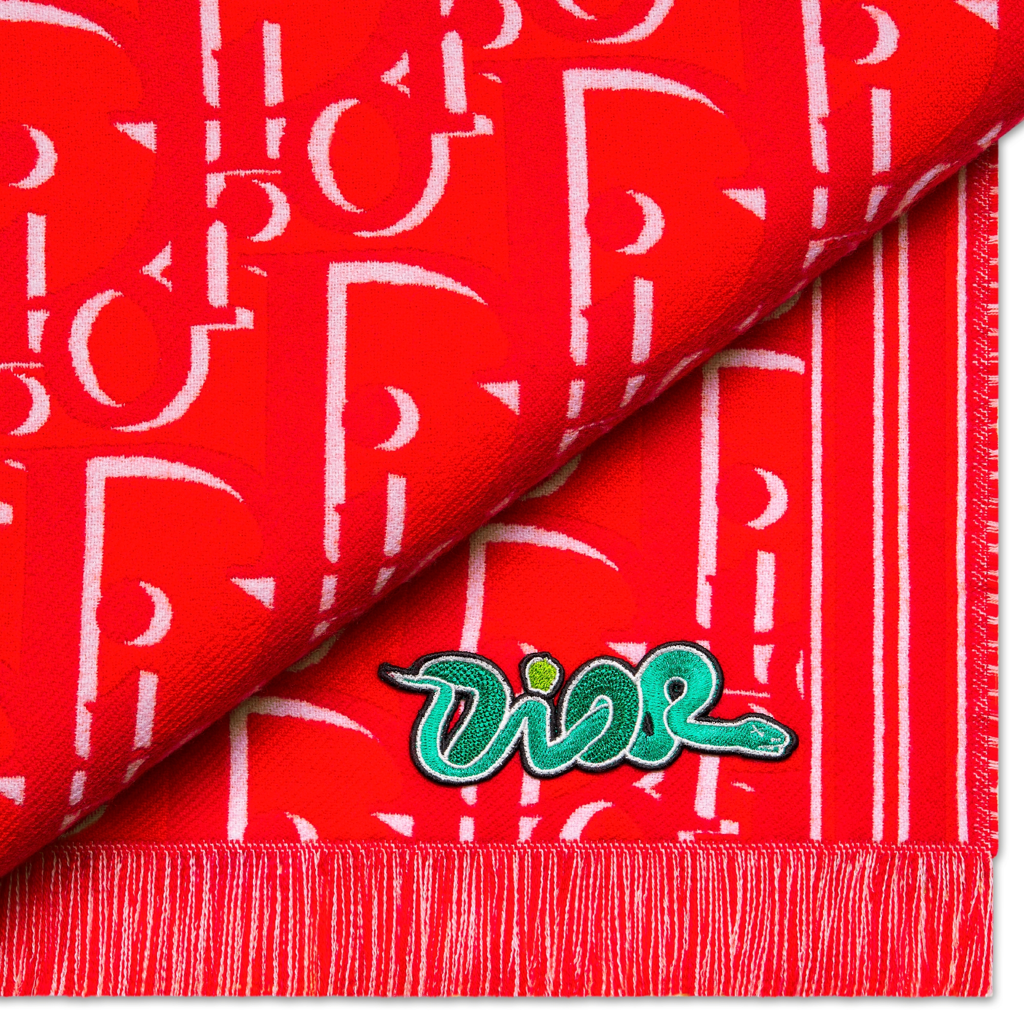 DIOR AND KAWS Scarf Vermilion Red and White Wool | DIOR