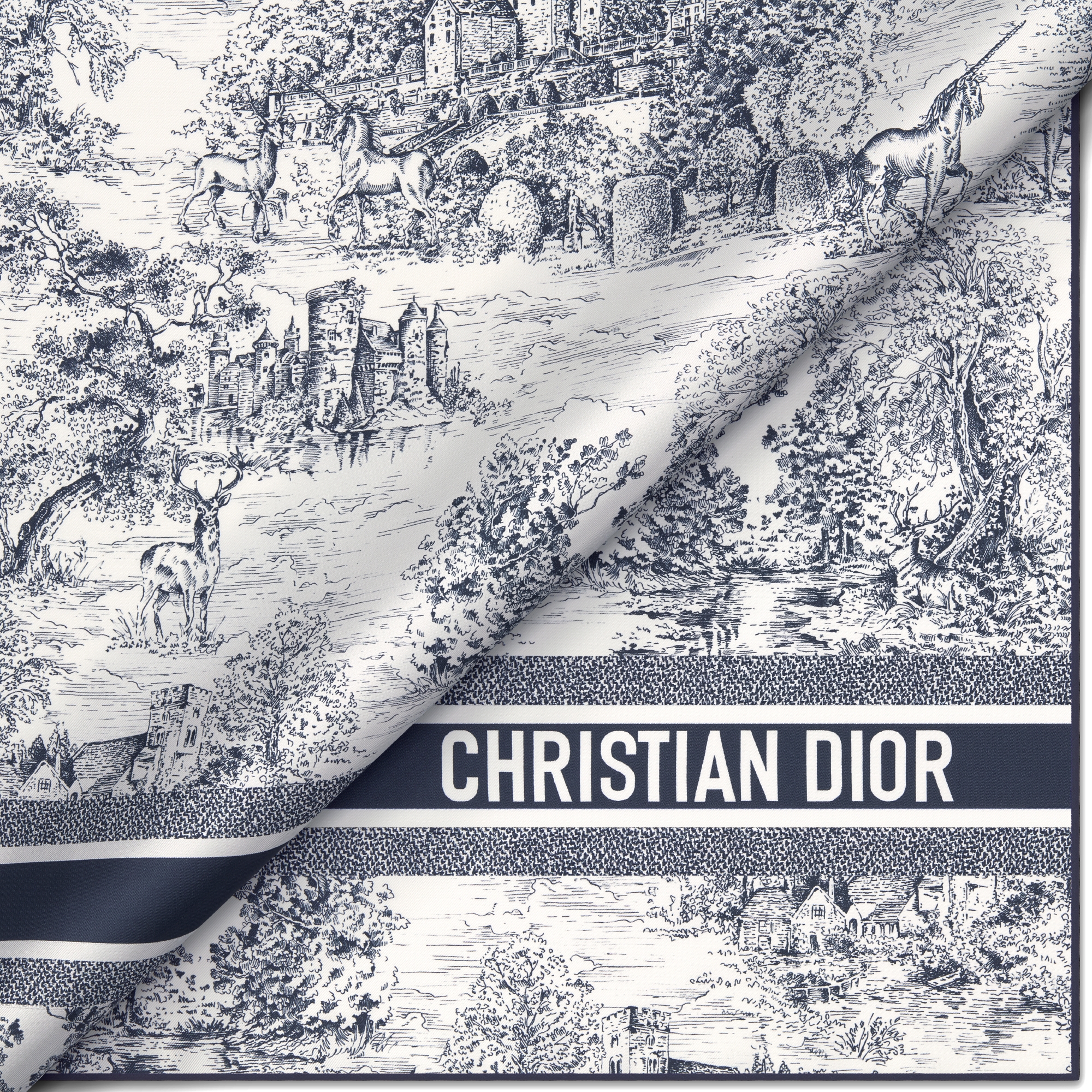 Toile de Jouy Scotland 90 Square Scarf White and Navy Blue Silk Twill ...