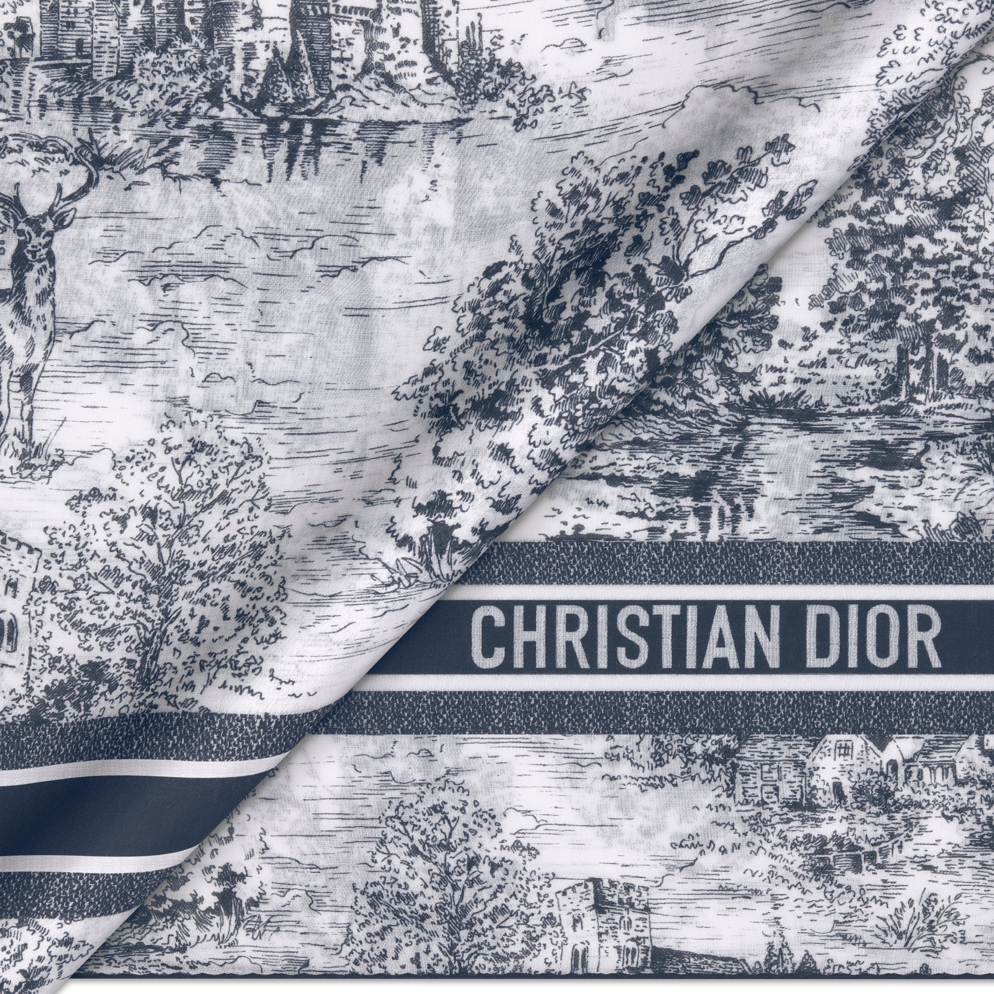 ผ้าคลุมไหล่ Toile de Jouy Scotland แคชเมียร์สีขาวและสีน้ำเงินเนวี่ | DIOR