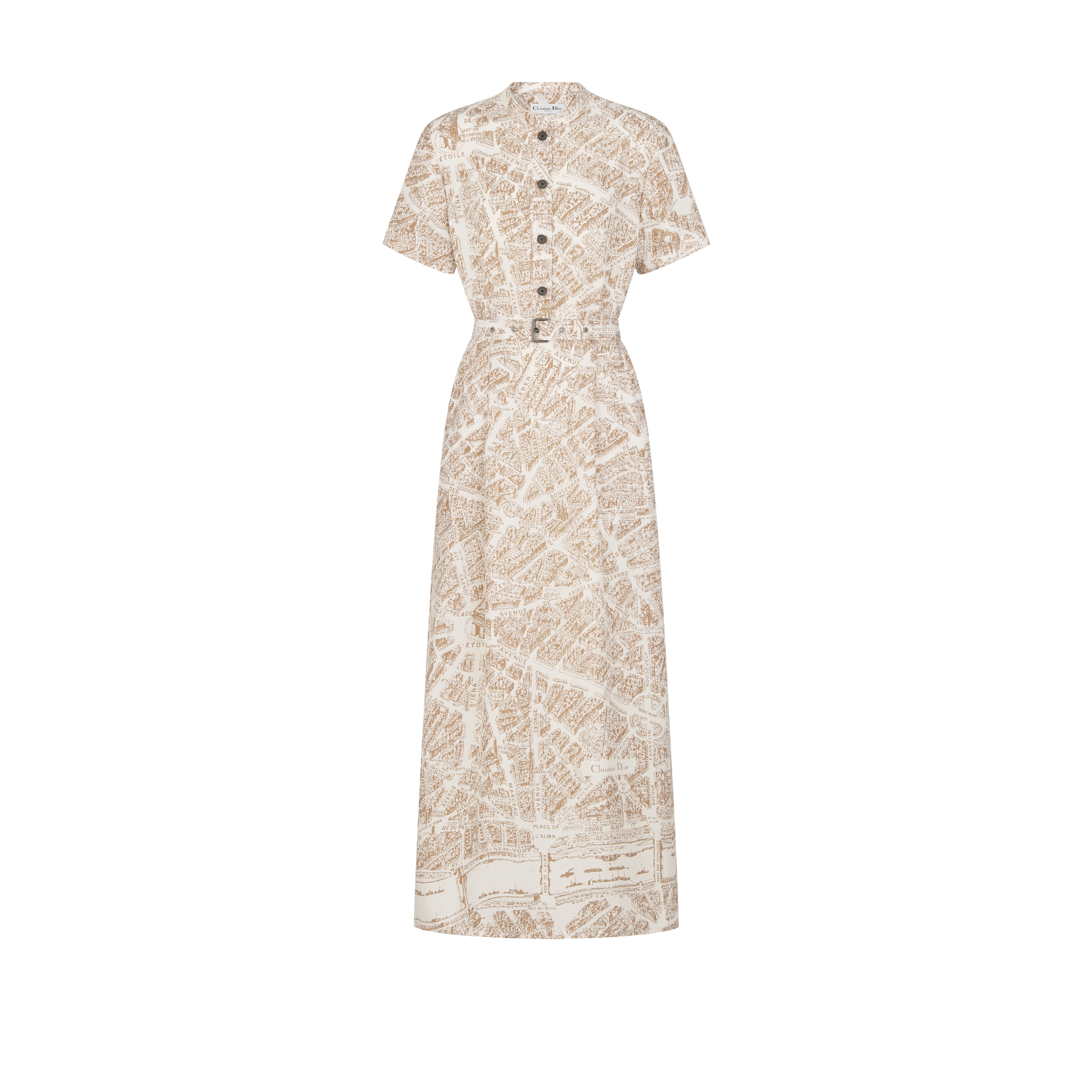 Robe-chemise longue ceinturée Twill de soie à motif Plan de Paris beige ...