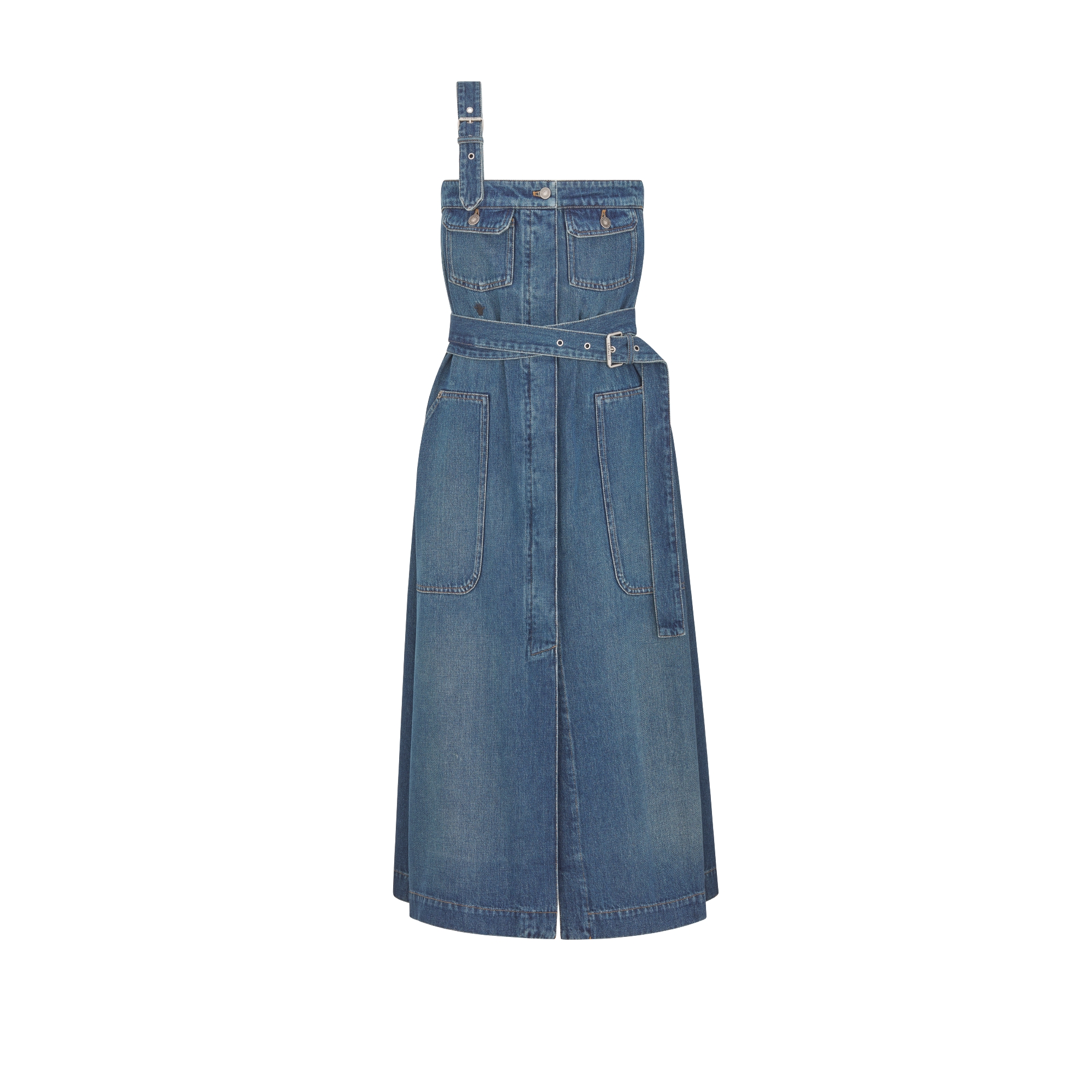 Mid-Length Asymmetric Dress Blue Lightweight Stonewashed Cotton Denim ...