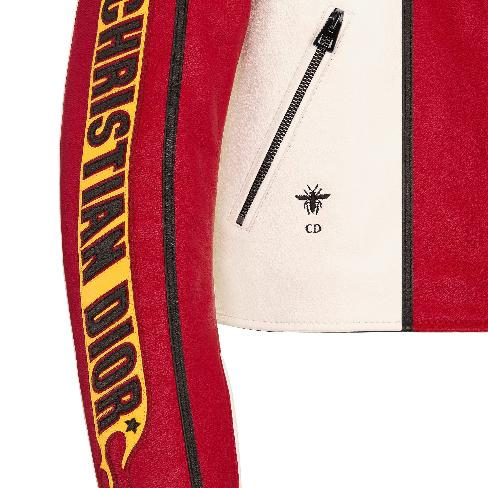 Veste motarde Cuir de chèvre rouge, blanc et noir | DIOR