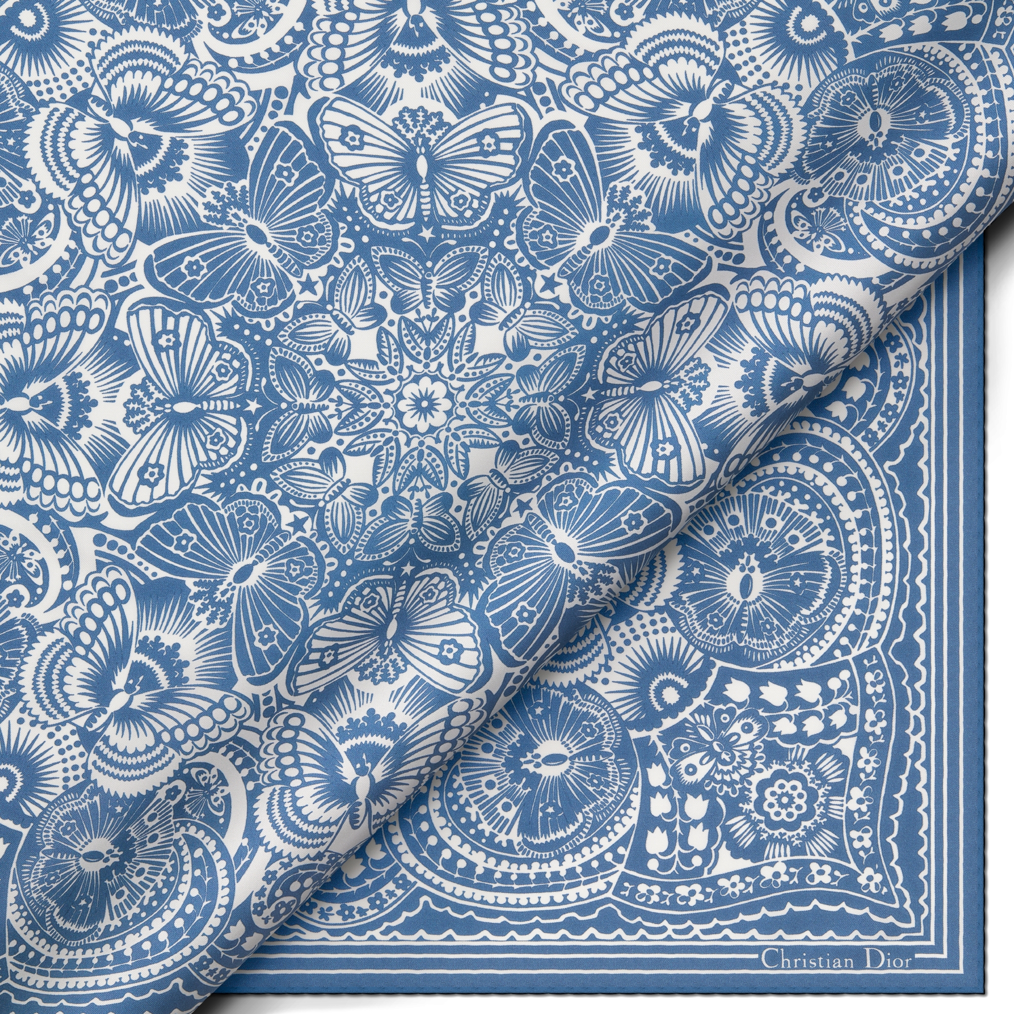 D-Butterfly Paisley 60 Square Scarf Celestial Blue and White Silk Twill ...