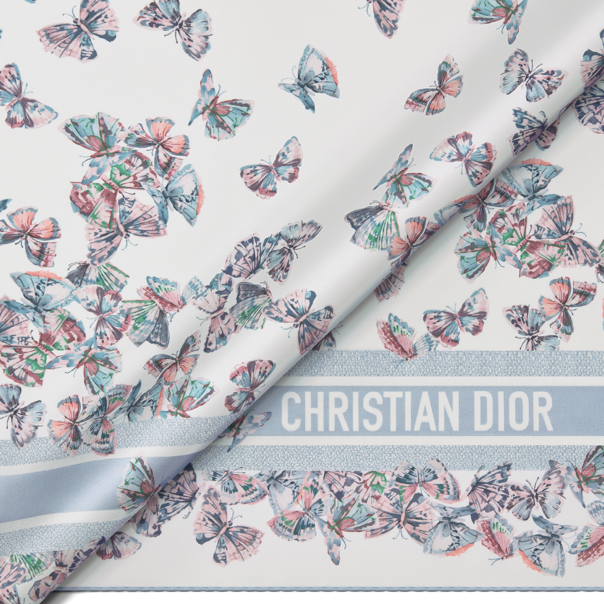 Dior Camo Papillon 90 Square Scarf White and Sky Blue Silk Twill | DIOR