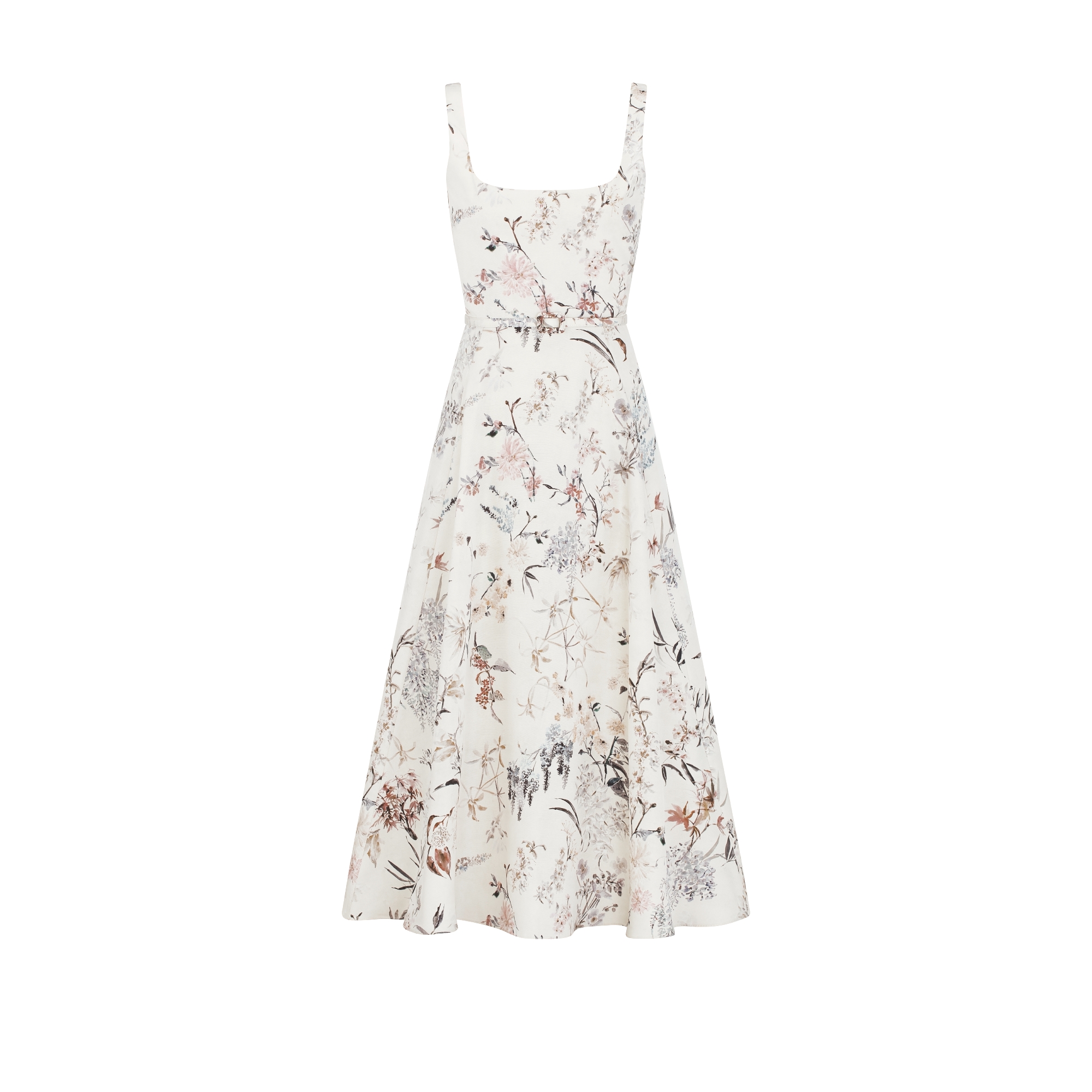 Long Belted Dress White Silk Chiffon with Multicolor Dior Pivoine Motif ...