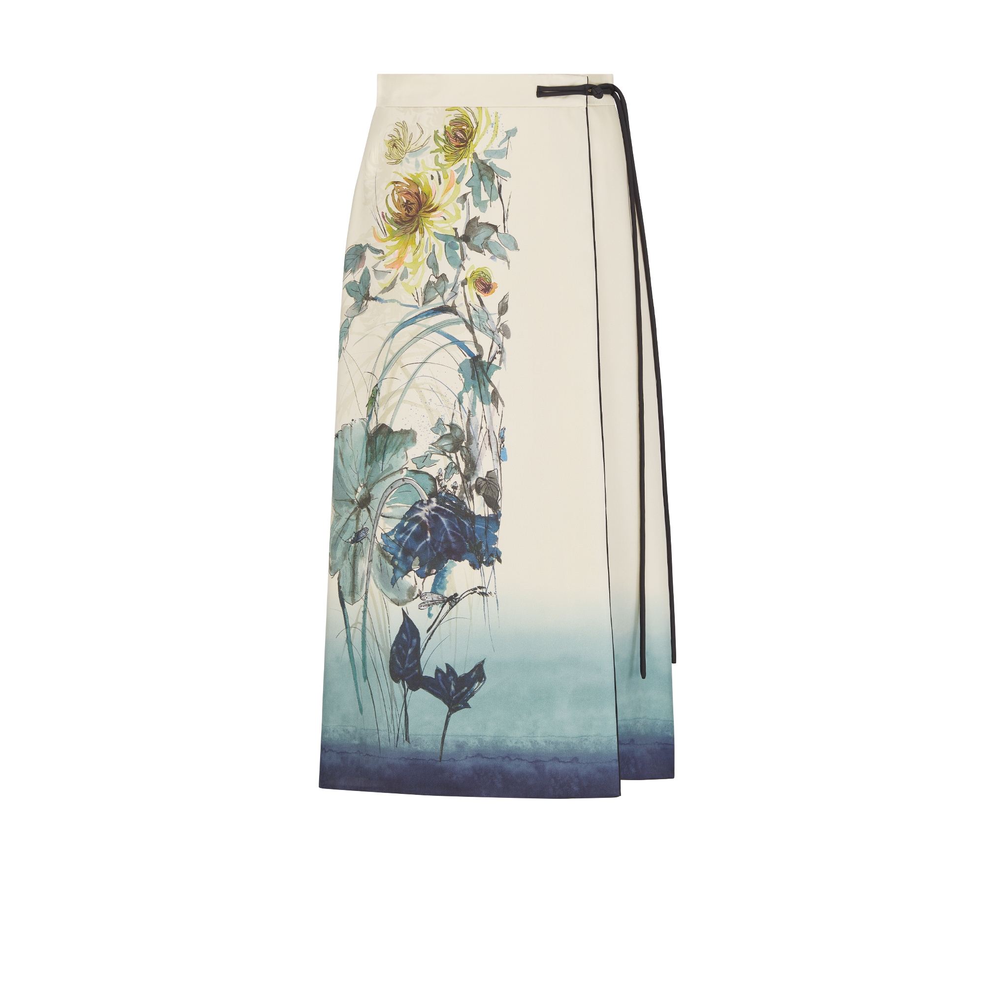 Mid-Length Straight-Cut Wrap Skirt White Silk Twill with Multicolor ...