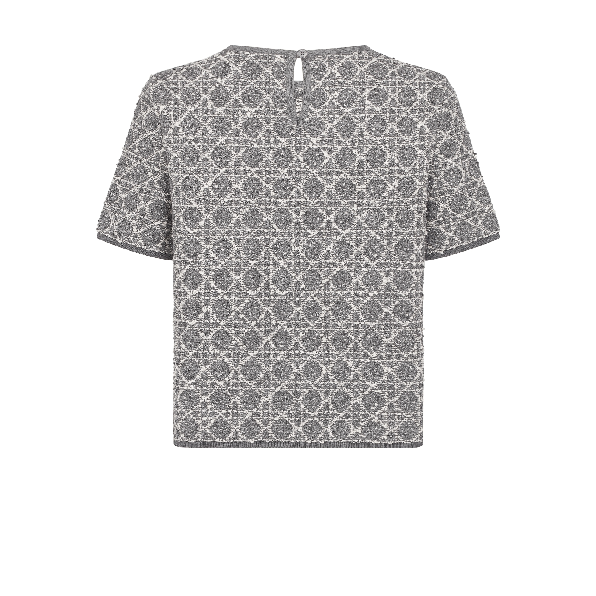 Macrocannage Short-Sleeved Top Gray Cotton-Blend Tweed Knit with Silver ...
