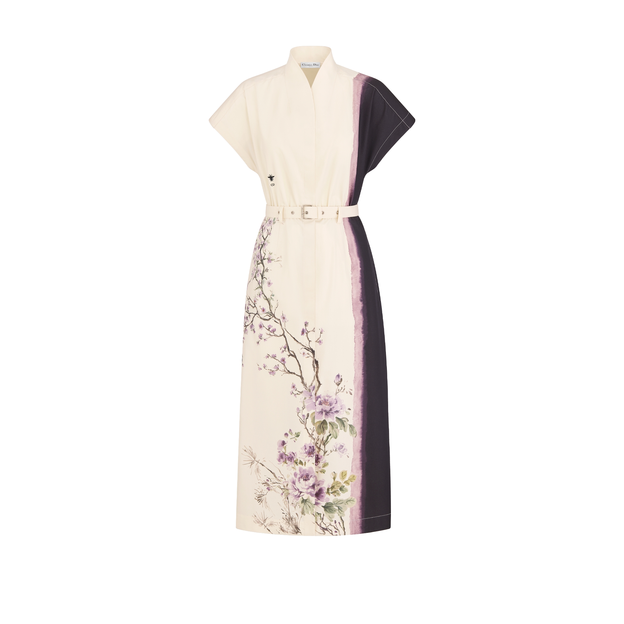 Robe mi-longue ceinturée Popeline de coton et soie blancs à motif Dior ...