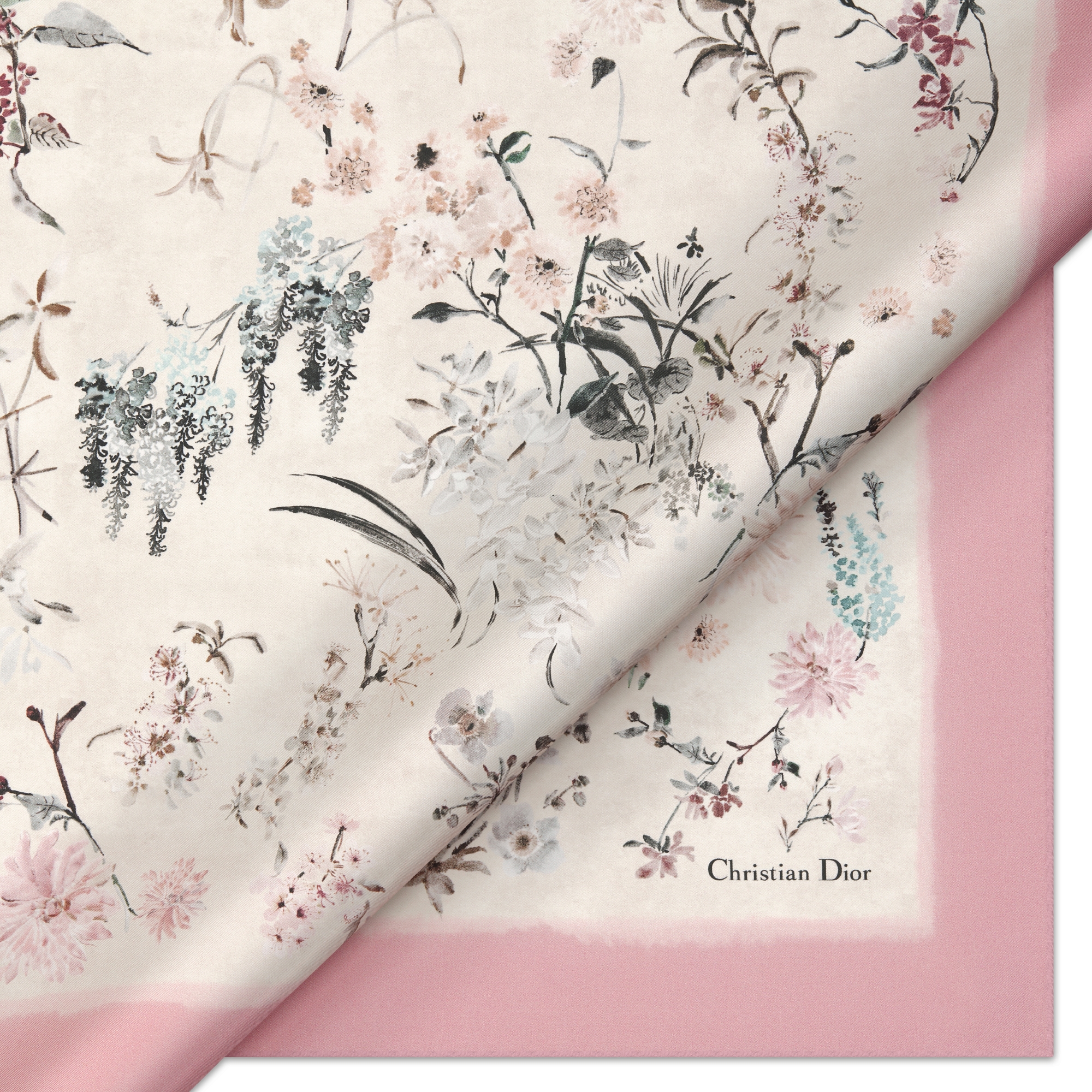 Foulard quadrato 90 Millefiori Twill di seta color avorio e rosa ...