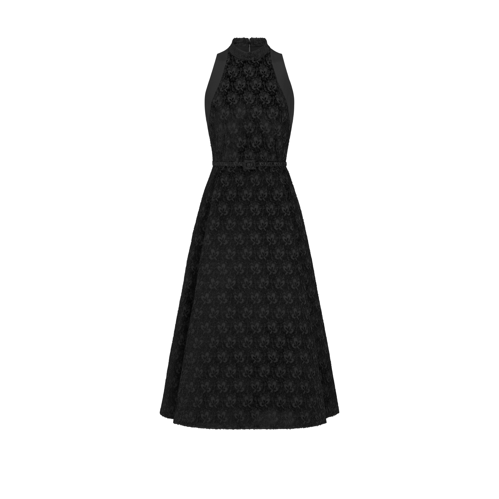 Mid-Length Flared Dress with Belt Black Silk and Cotton Jacquard Velvet ...
