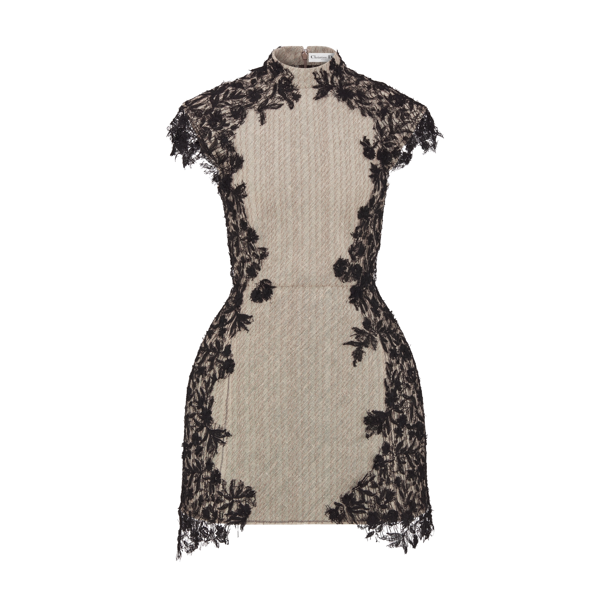 Short Dress with Removable Ruff Collar Black Silk and Cotton Jacquard ...