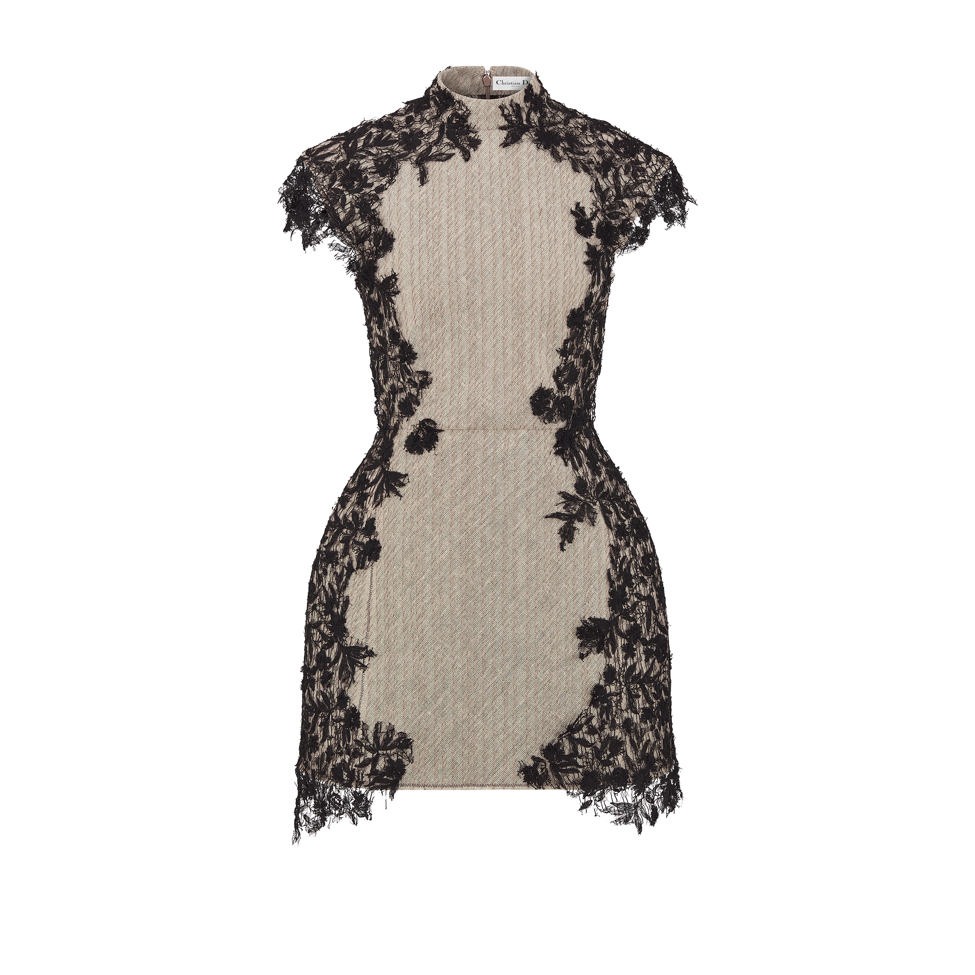 Short Flared Dress Beige Horsehair-Effect Linen Blend and Black Lace | DIOR