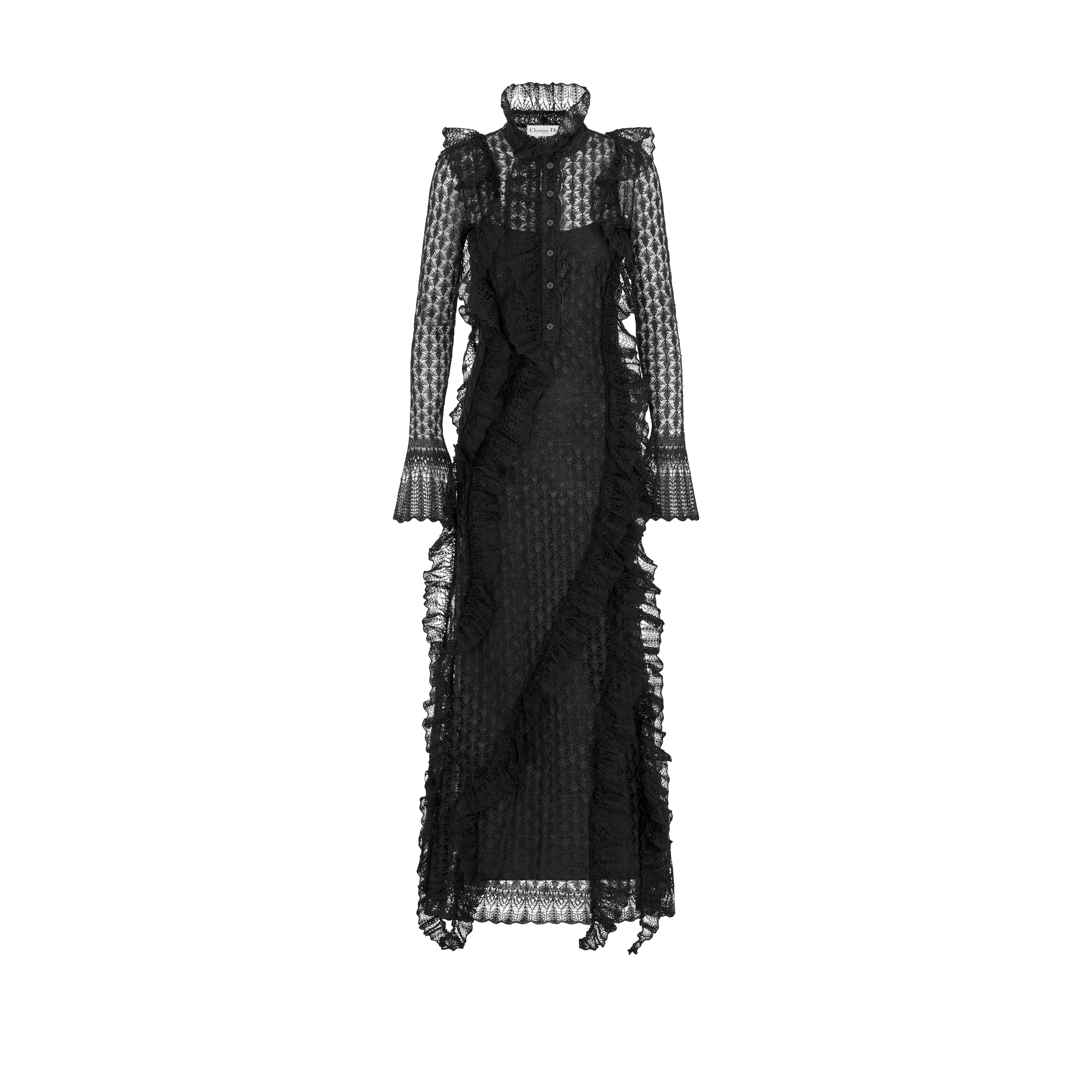 Long Ruffled Dress with Removable Ruched Collar Black Linen-, Silk- and Cotton-Blend Knit Lace ...