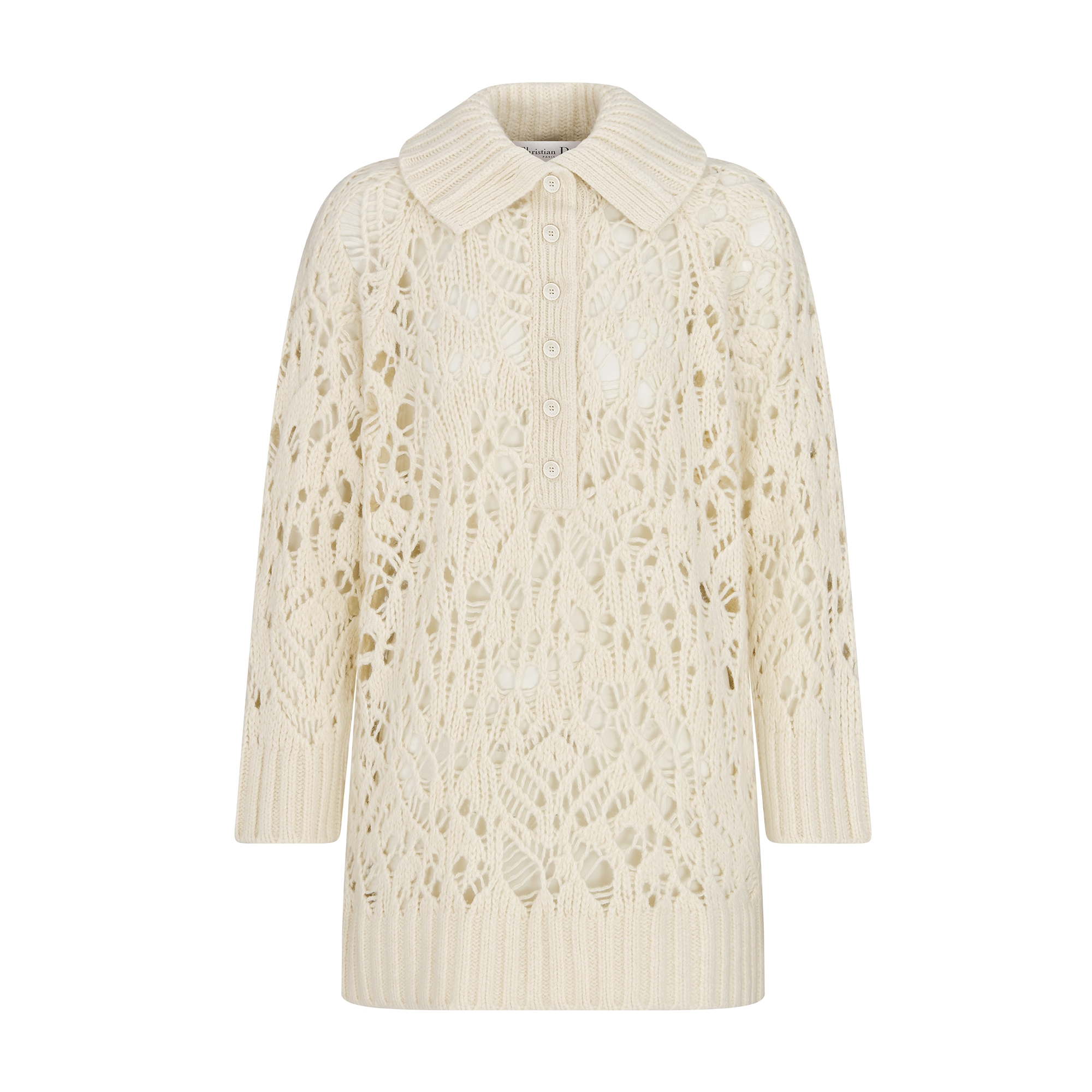Sweater with Removable Ruched Collar Ecru Silk, Cashmere and Linen Openwork Knit | DIOR