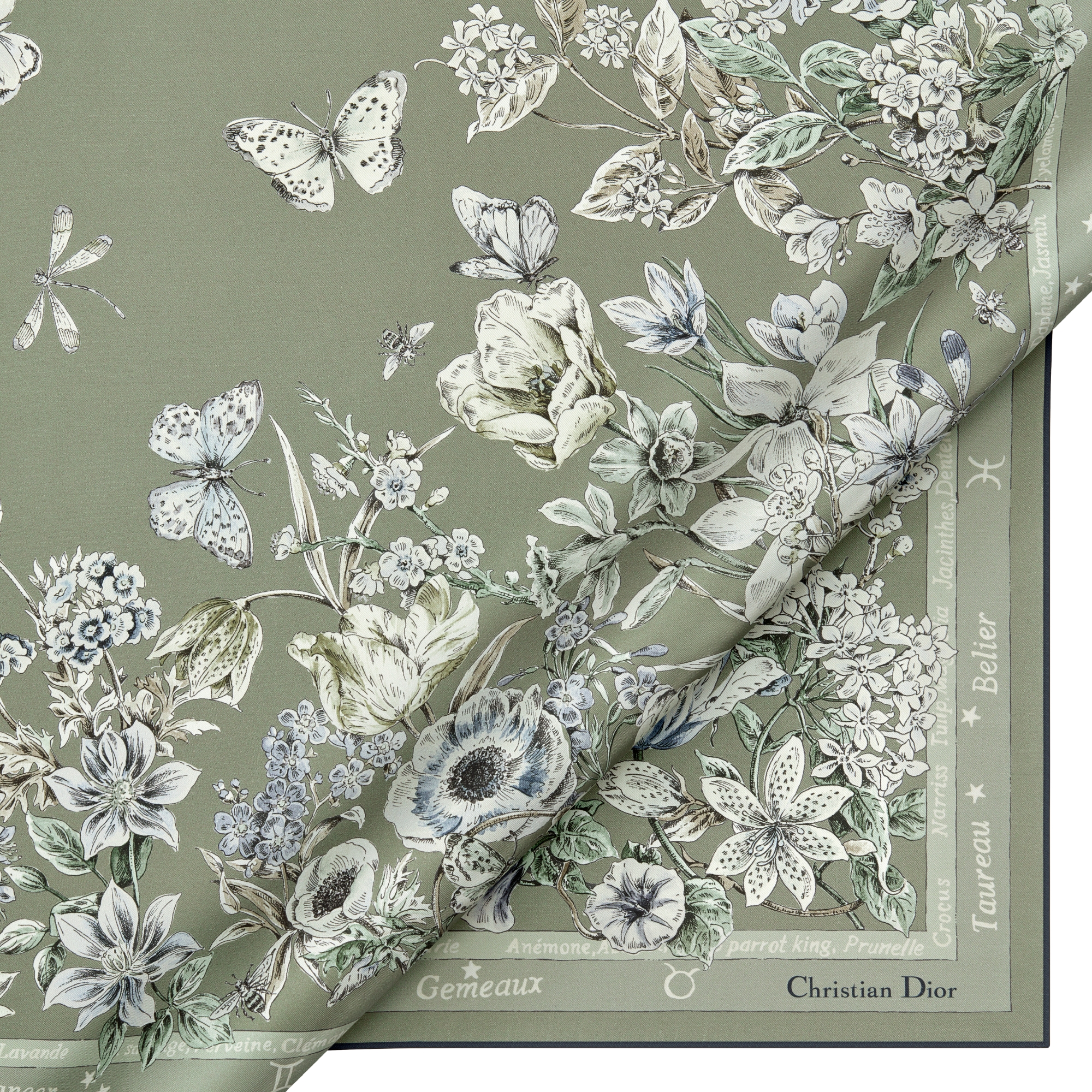Quadratisches Dior Zodiac Flowers 70 Tuch Seidentwill in Khaki/mehreren ...