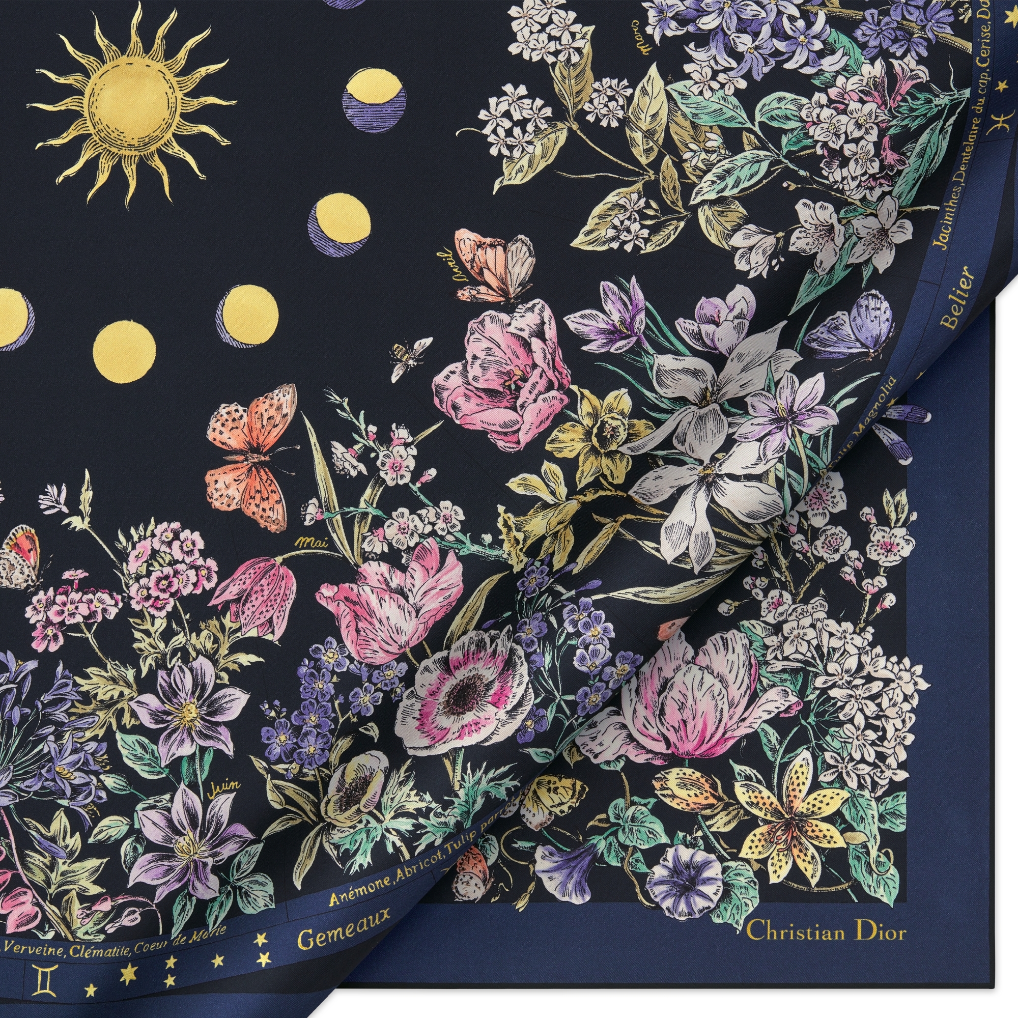 Dior Astral Flowers 90 Square Scarf Deep Blue Multicolor Silk Twill | DIOR