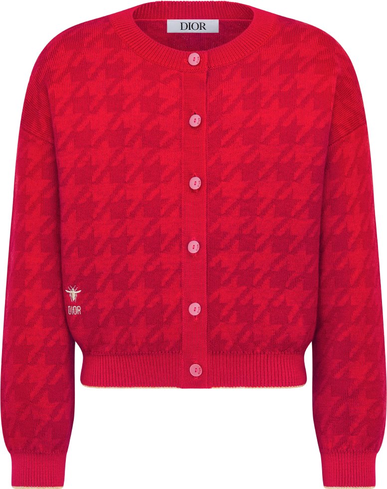 Kids' Cardigan Red Houndstooth Jacquard Wool Knit | DIOR