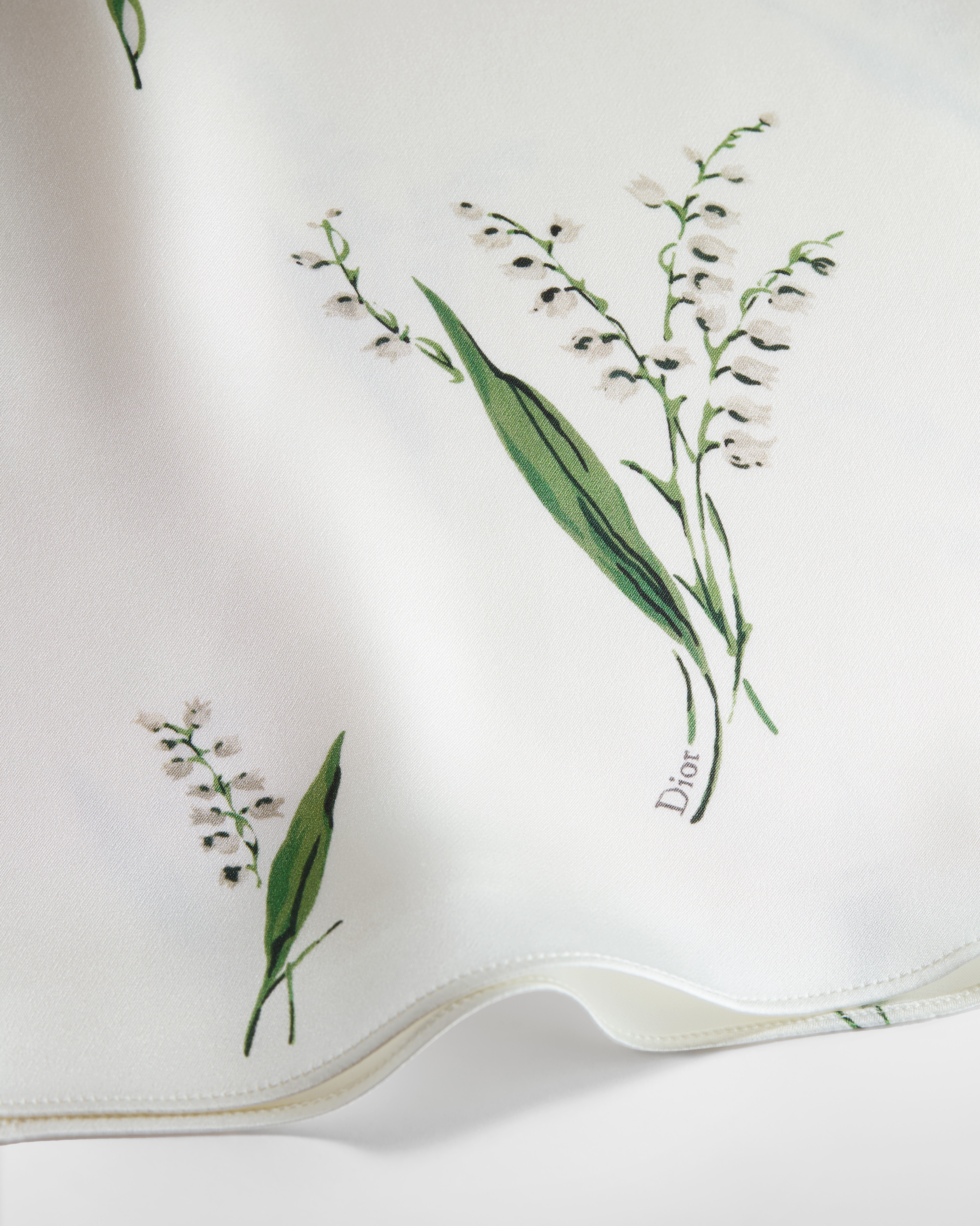 Mid-Length Flared Skirt White Silk Crepe with Green Lily of the Valley ...