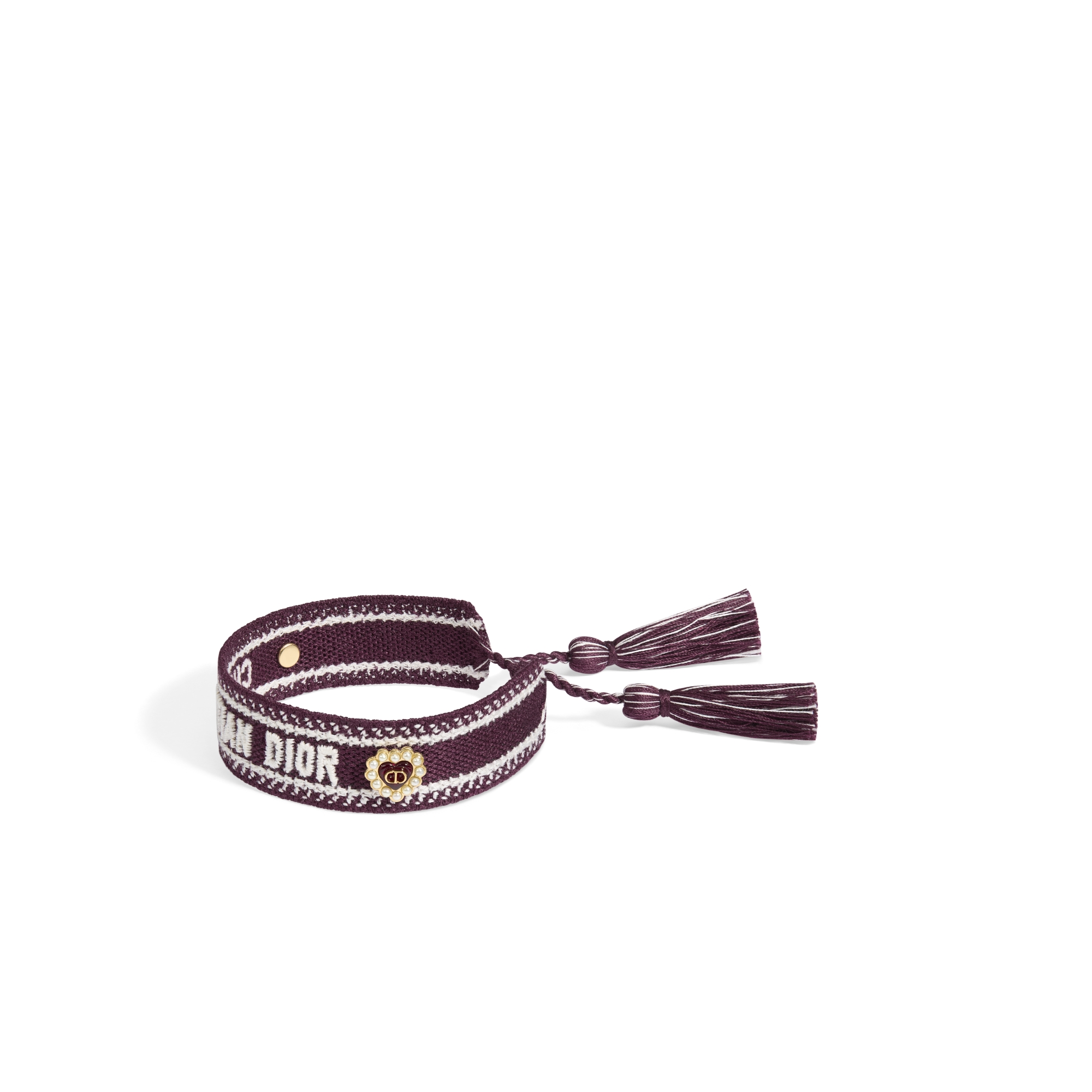 Pulsera Christian Dior Algodón borgoña, metal dorado, abalorios de resina blancos y cristal rojo ...