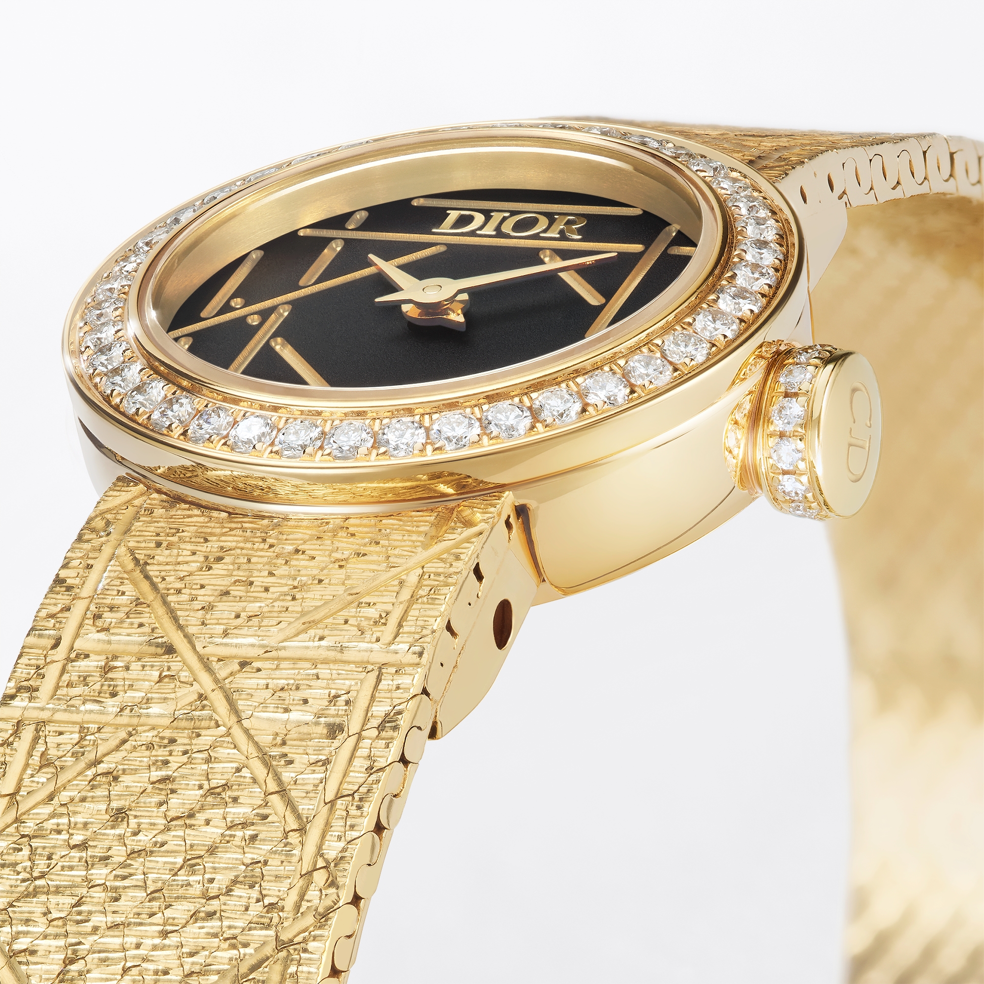 La Mini D My Dior Ø 19 mm, oro giallo, lacca nera e diamanti | DIOR