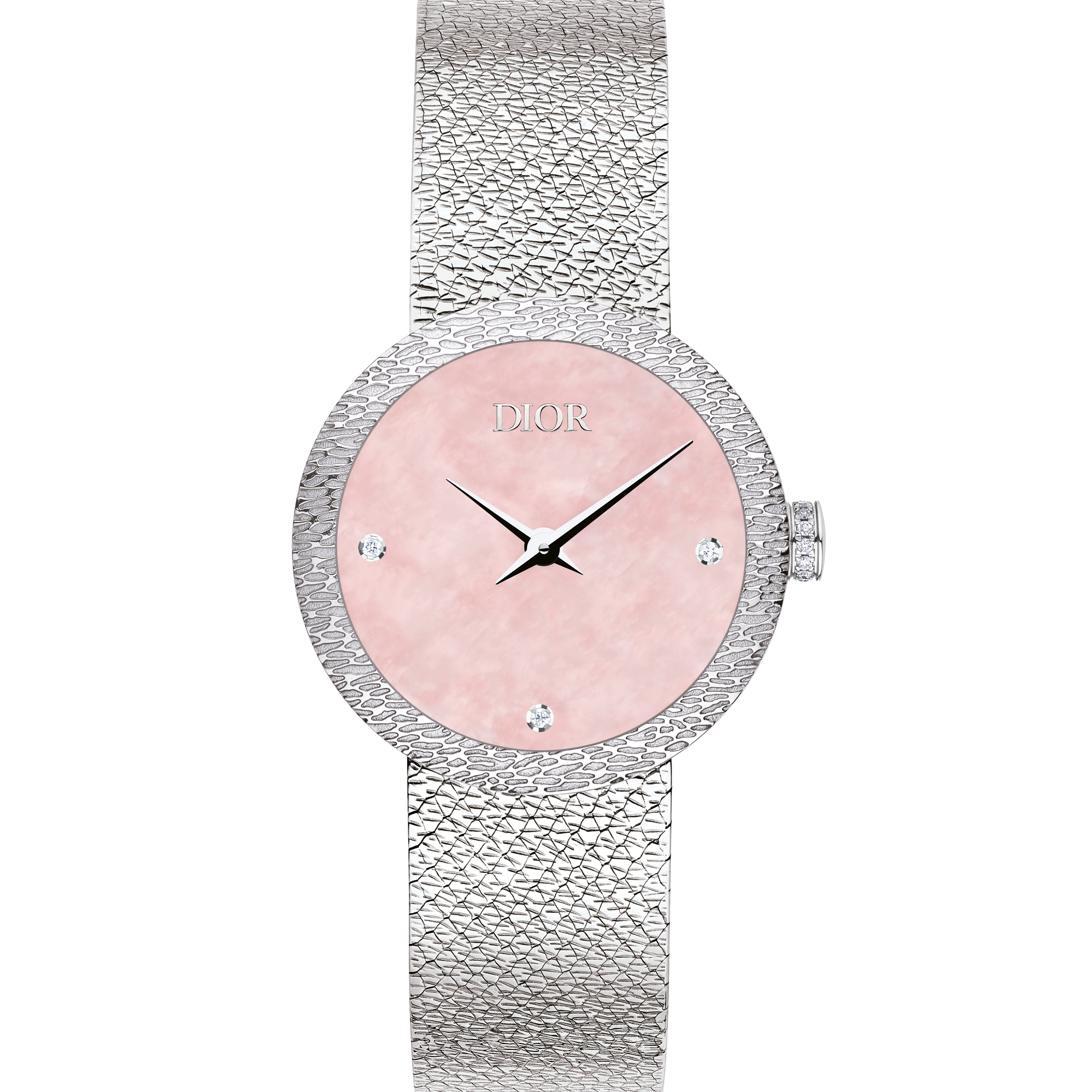 La D de Dior Satine 腕錶 直徑 25 公釐，不鏽鋼，粉紅色珍珠母貝和鑽石 | DIOR