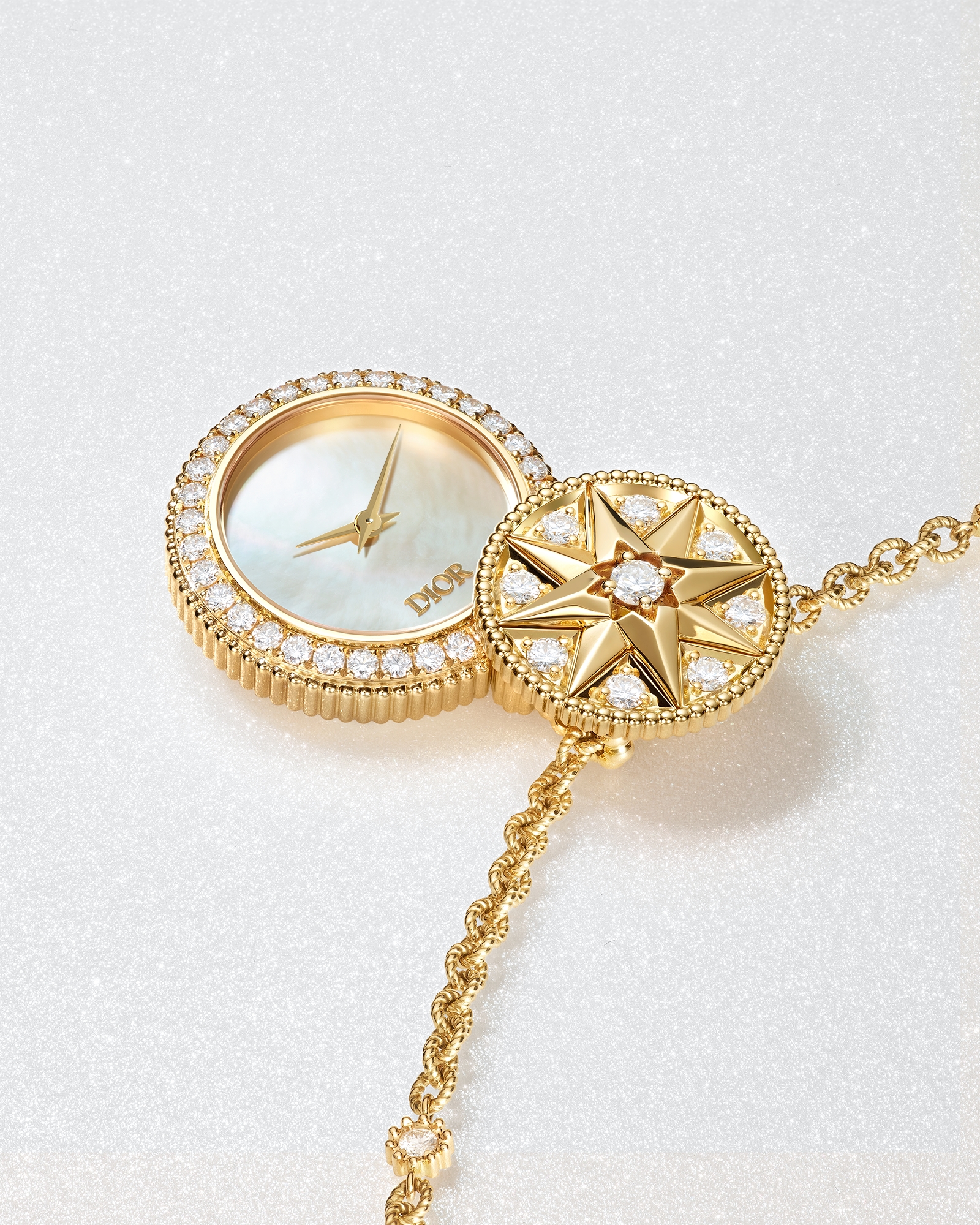 Orologio pendente Rose des Vents Ø 25 mm, oro giallo, madreperla bianca ...